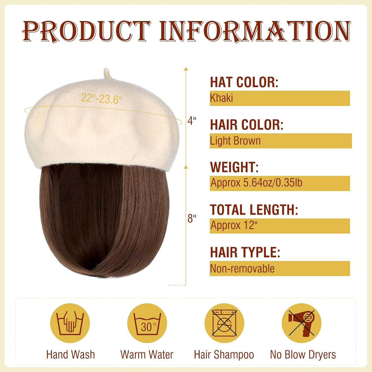 Gorro de boina con extensiones de cabello, sombrero clásico de lana ...