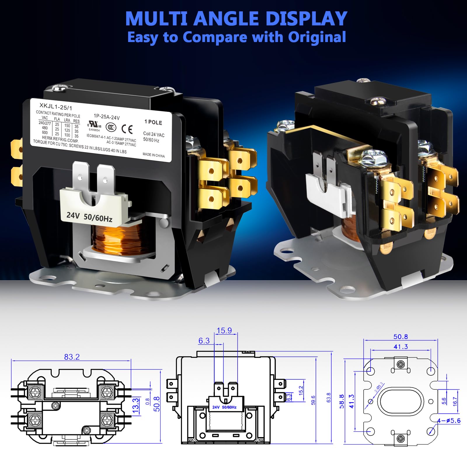 Snapklik.com : HVAC Contactor, 25 Amp Single Pole / 1 Pole Contactor ...