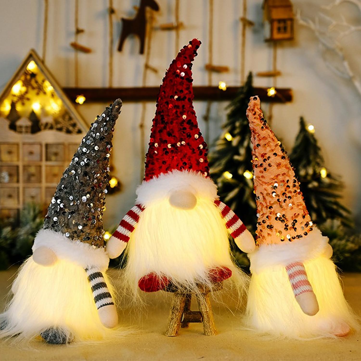 Amazon.com: Set of 3 Light Up Christmas Gnomes, Silver, Pink & Red ...