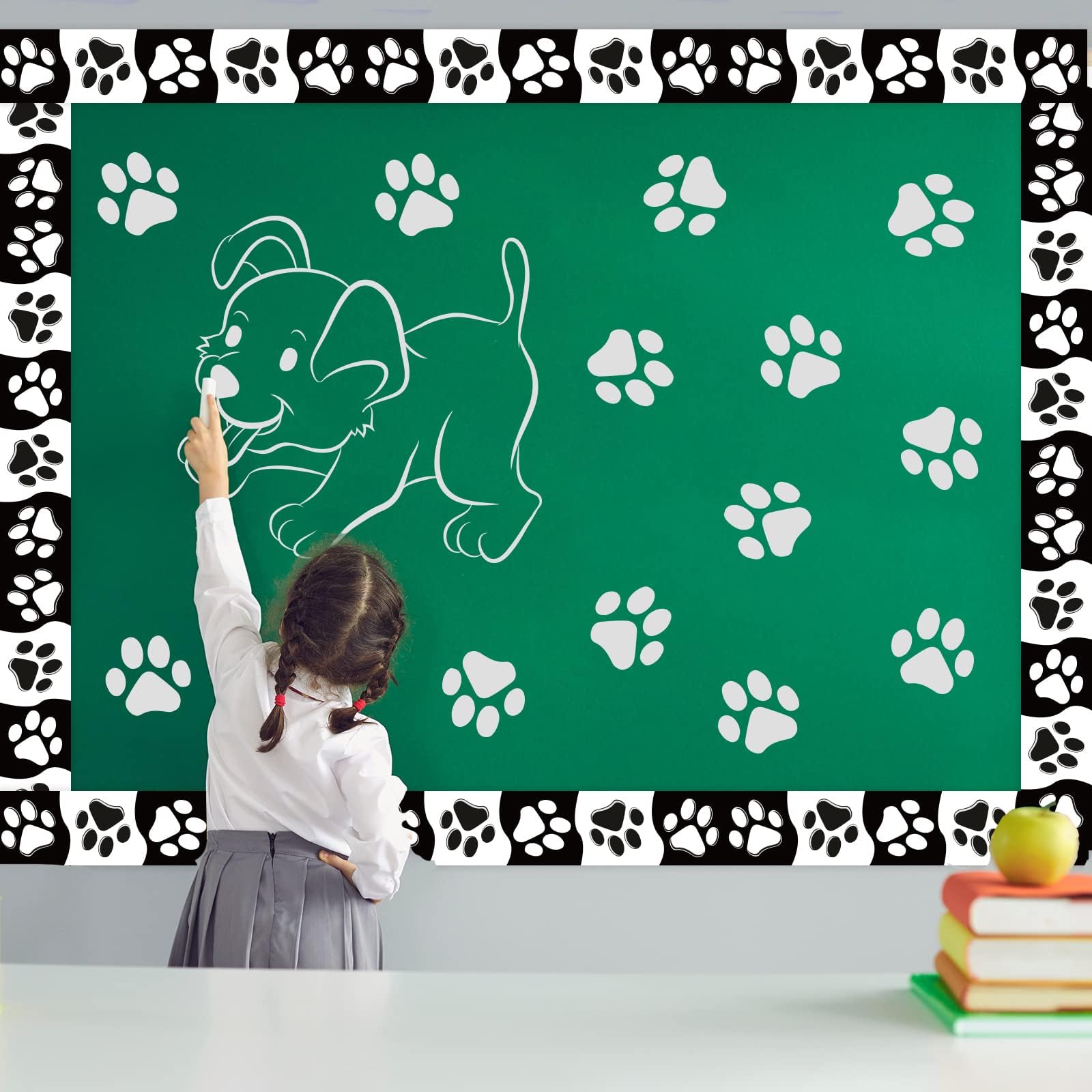 Green Paw Border Floral Frame With Paw Prints On Green Background