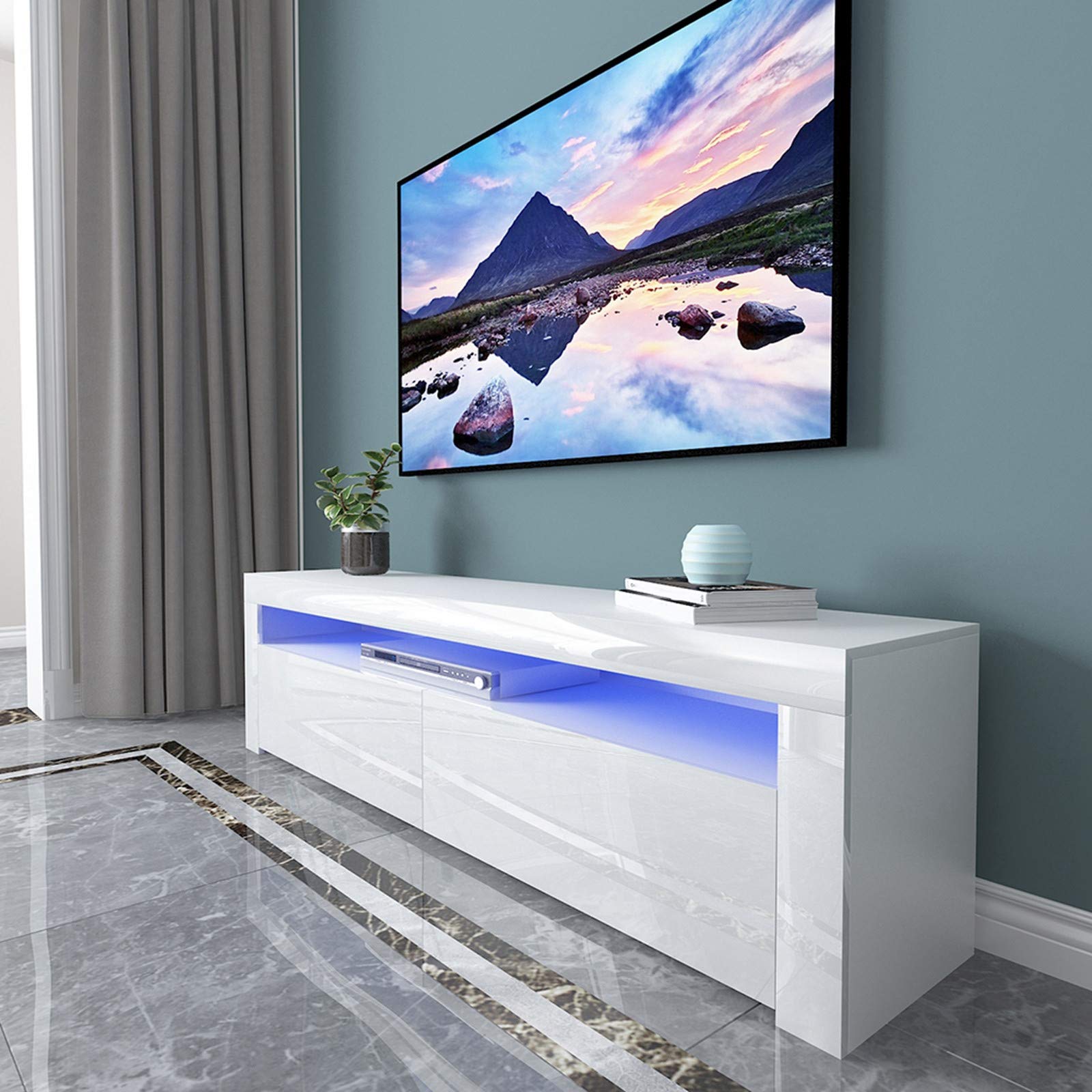 Modern White TV Stand with LED Lights, High Gloss TV Stand for 65 Inch ...