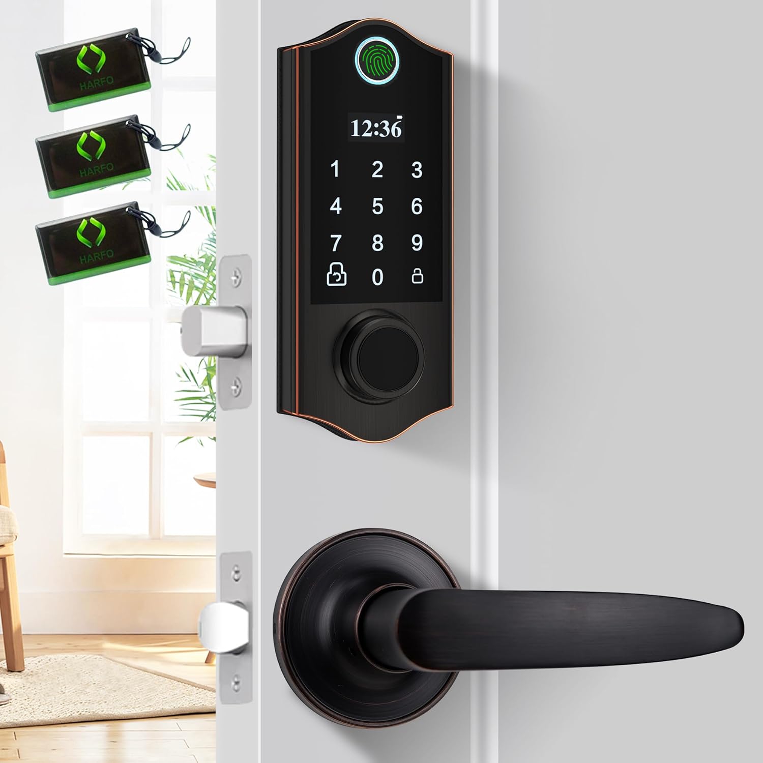 Harfo Smart Fingerprint Door Lock with 2 Lever Handles, Keyless Entry ...