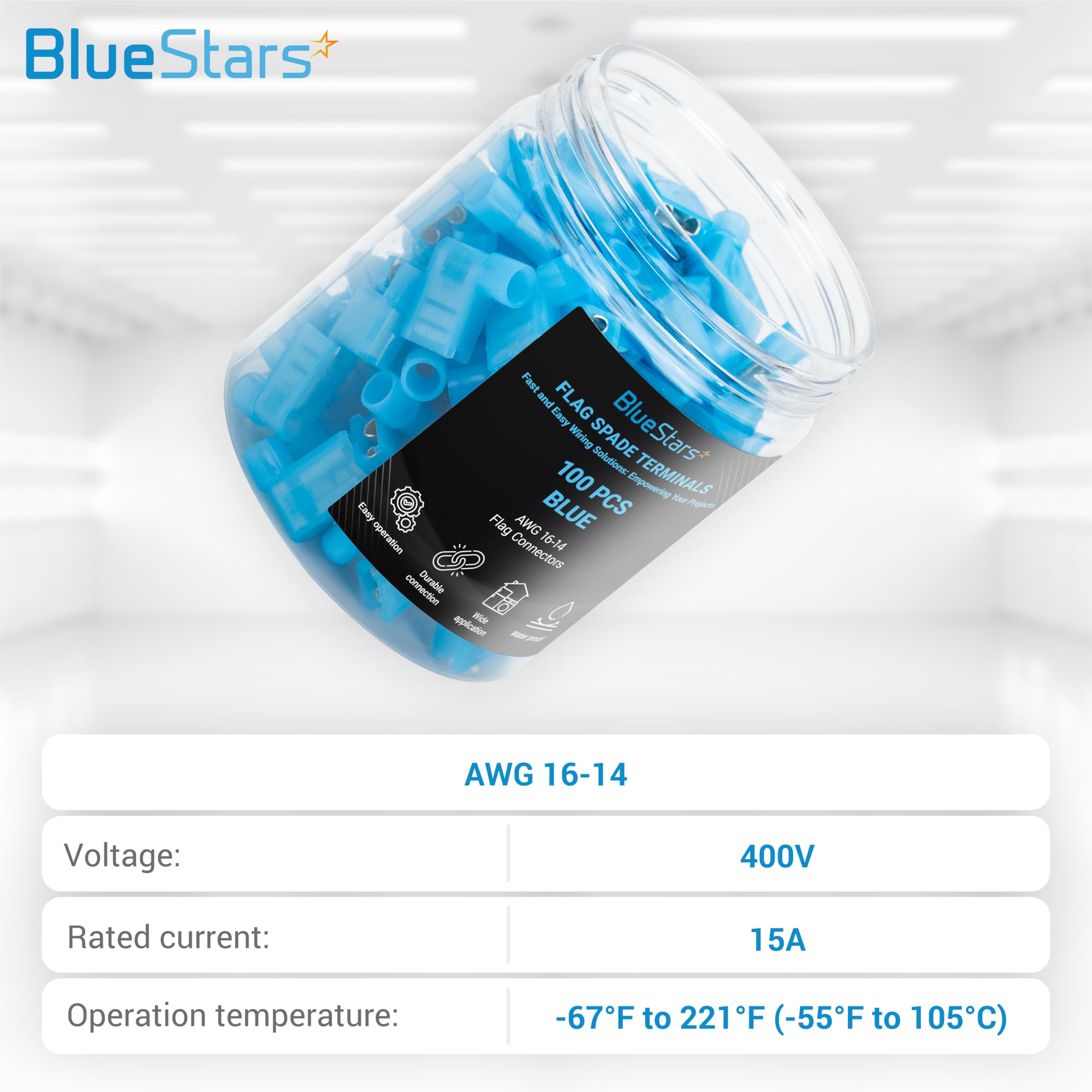 Snapklik.com : BlueStars 100 PCS Blue Flag Spade Terminals Female, AWG ...