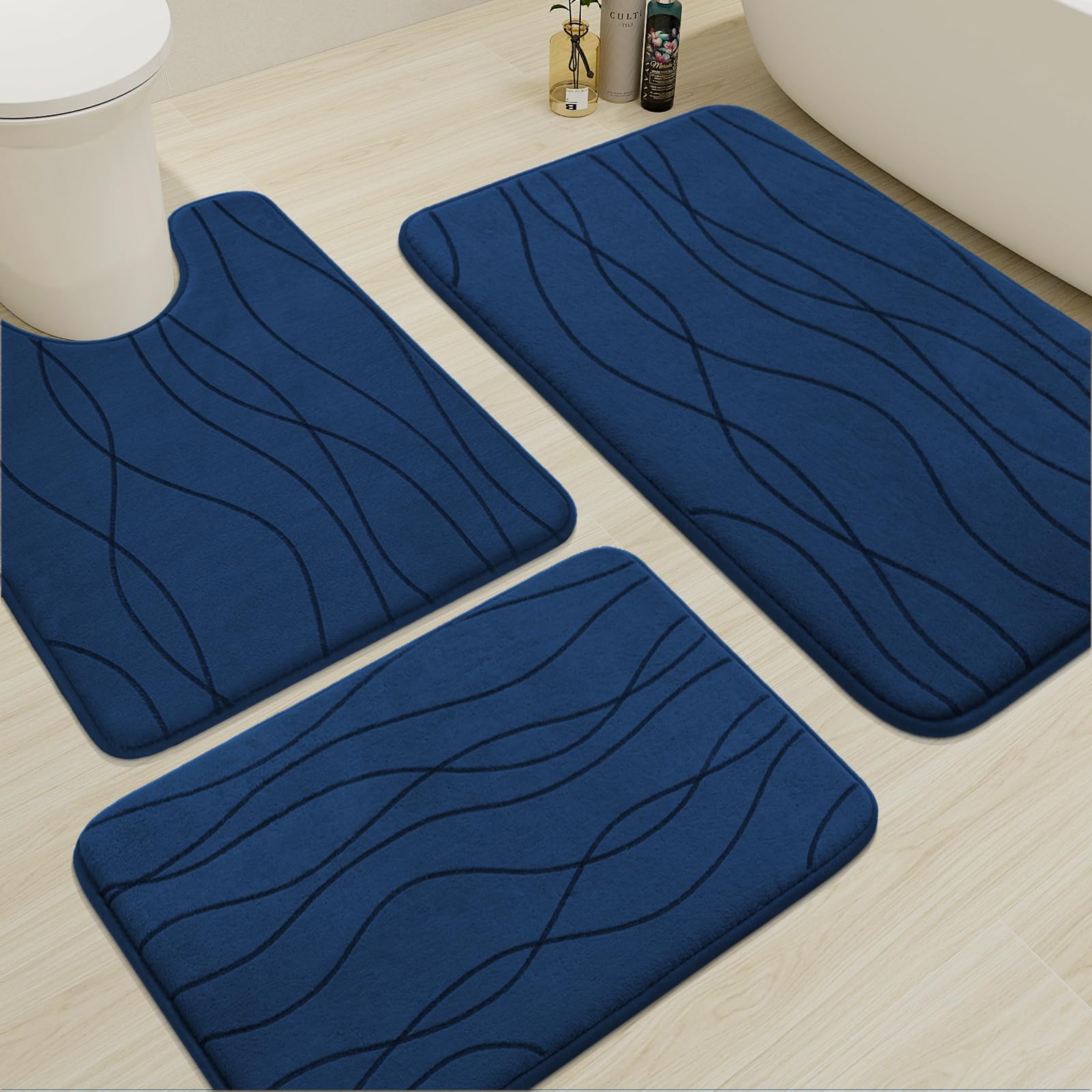 Amazon.com: YIHOUSE Memory Foam Blue Bathroom Rug Sets 3 Piece, Ultra ...