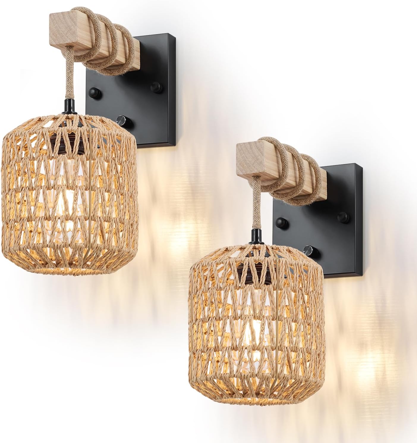 Rattan Wall Sconce, Boho Wall Light Fixtures with Hemp Rope Rustic Wall ...