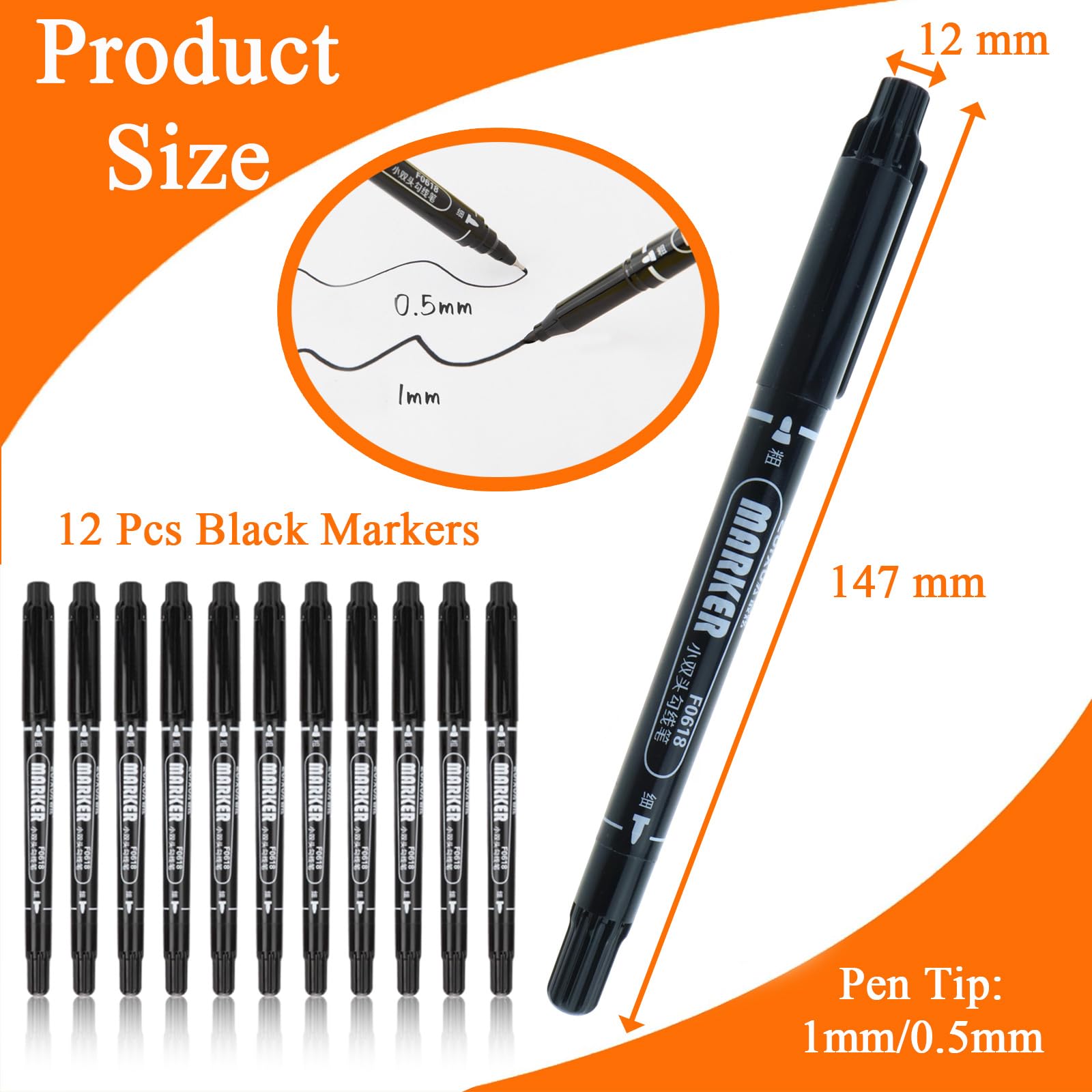Ormromra Dual Tip Permanent Marker Pens, 12 Pack Black Markers, Ultra Fine Point Black Marker ...