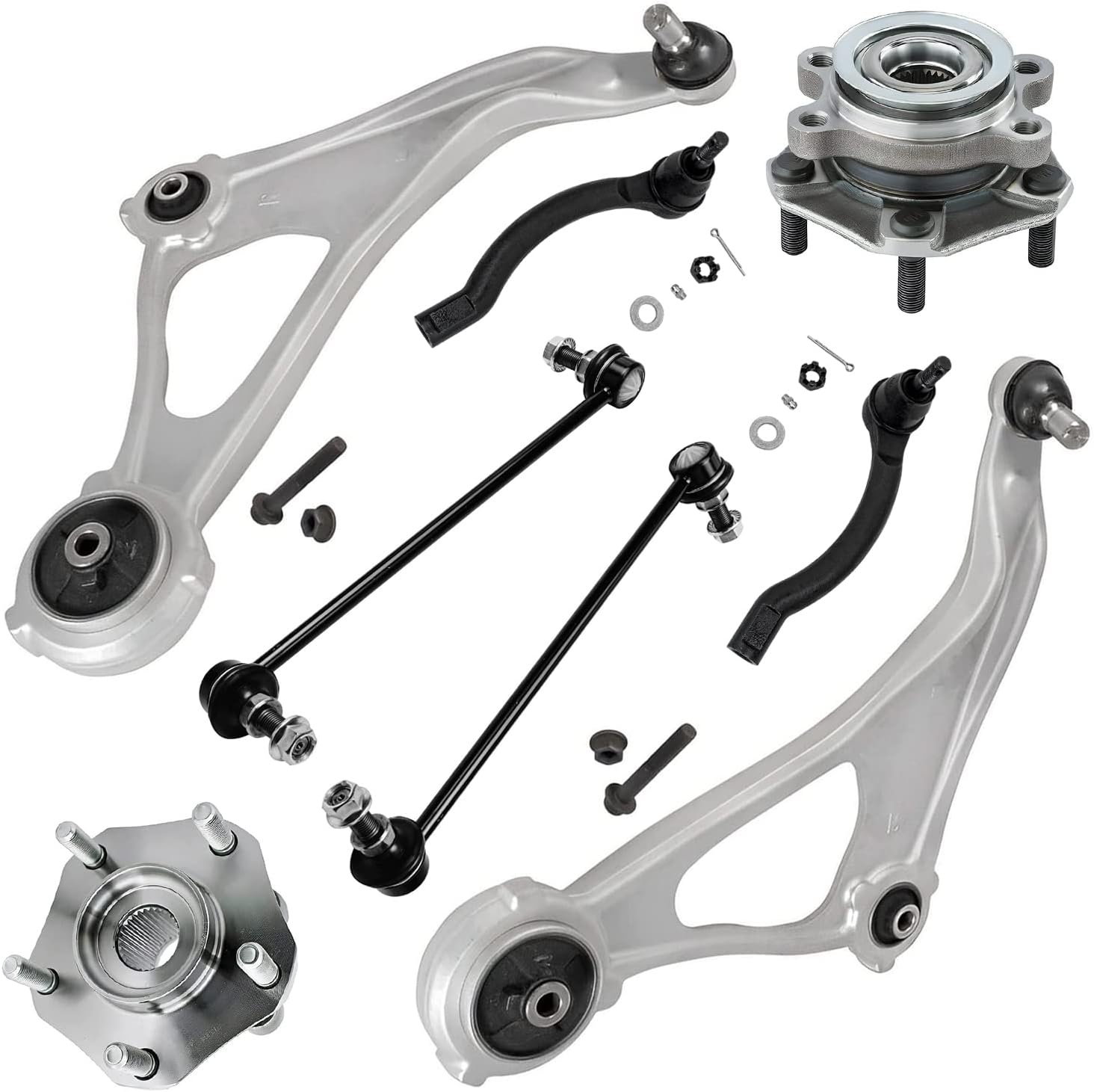 8pc Front Lower Control Arms Wheel Hub and Bearings Tie Rods Suspension Kit