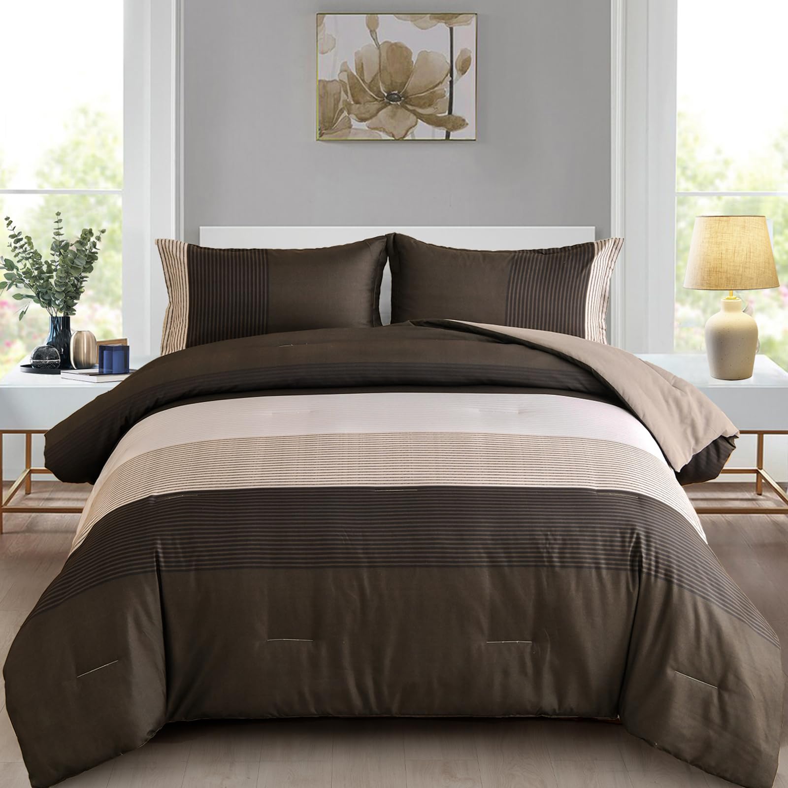 Amazon.com: Brown Comforter Set Queen, Reversible Brown Striped Down ...
