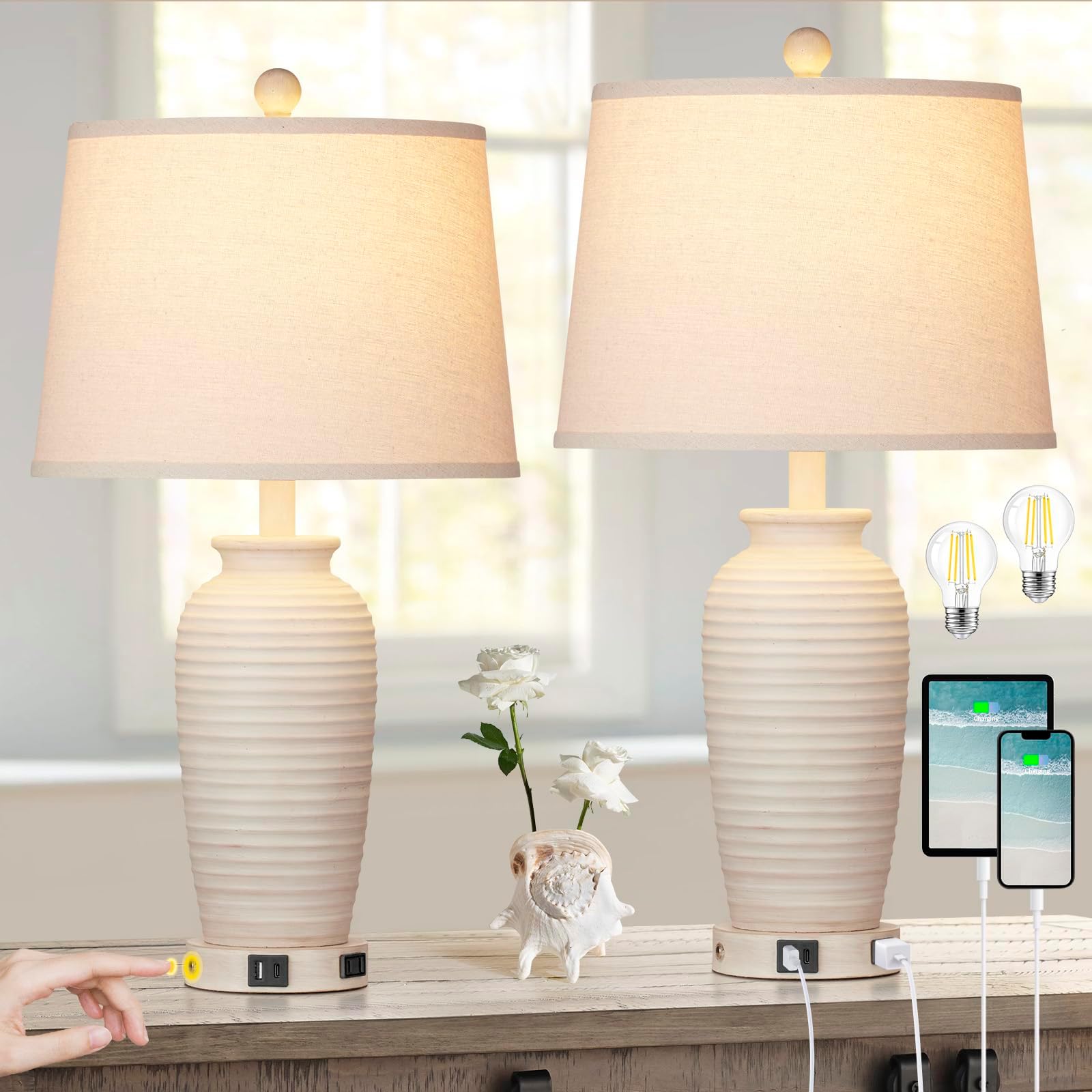CINSARY 25" Farmhouse Jar Table Lamps Set of 2, 3 Way Touch Control ...