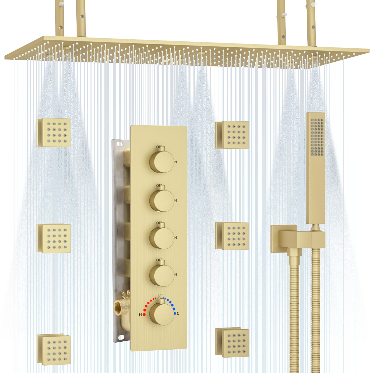 Brushed Gold Mist Ceiling Shower System with 15.7 X 31.5inch Large Dual ...