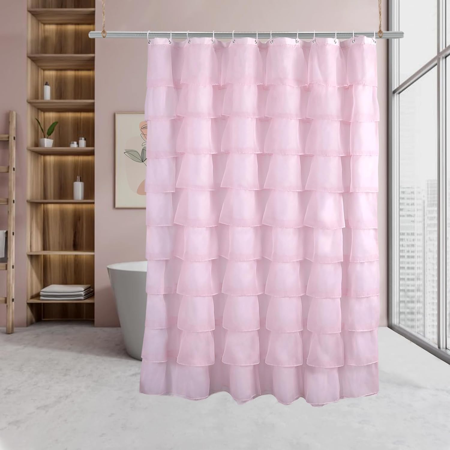 Amazon.com: REISEN Pink Ruffle Shower Curtain Farmhouse Fabric for ...
