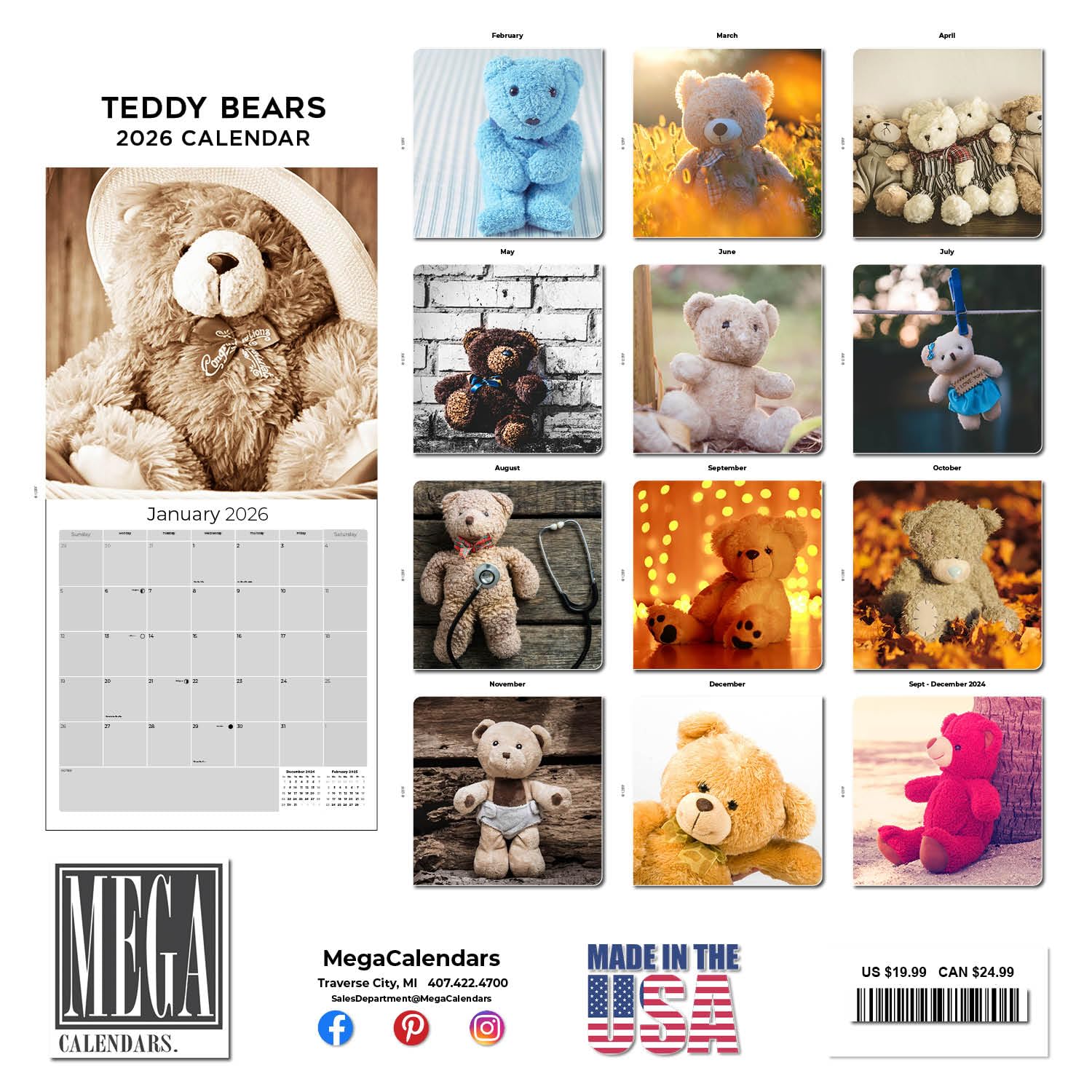 Snapklik.com : 2025 2026 Teddy Bear Calendar - 16 Months 12" X 24 ...