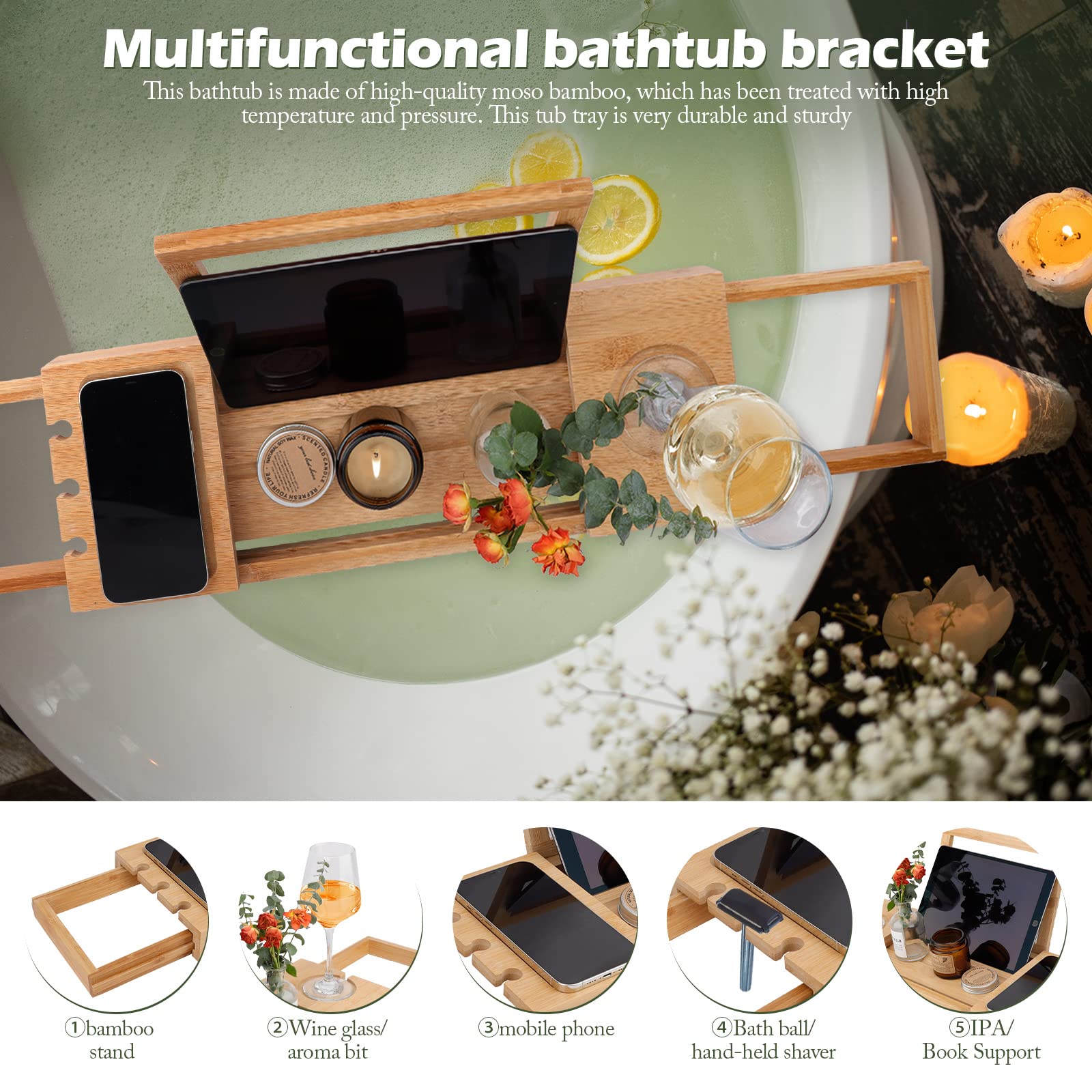 Bath Pillow and Bamboo Bathtub Caddy Tray Set for Luxury Bath, Bathtub ...