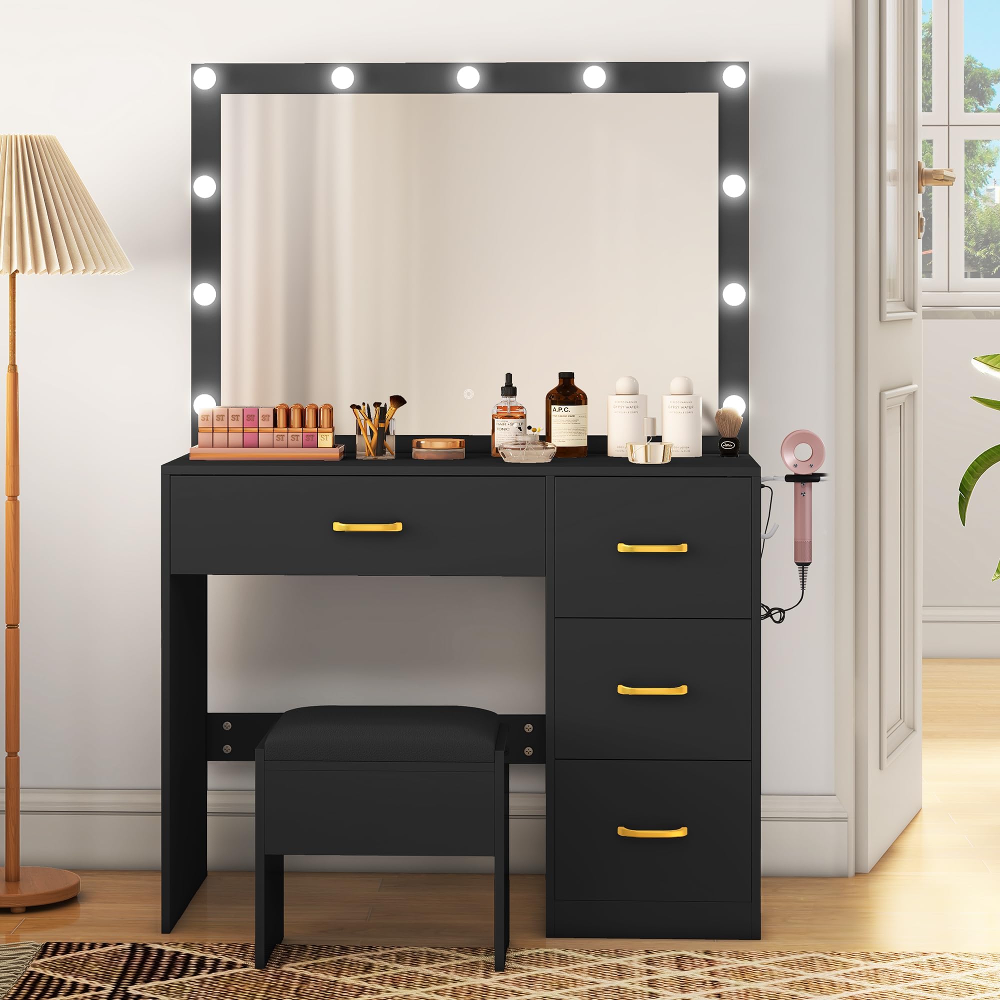 Amazon.com: ComfyCorner Black Vanity Table with DIY Lighted Mirror ...