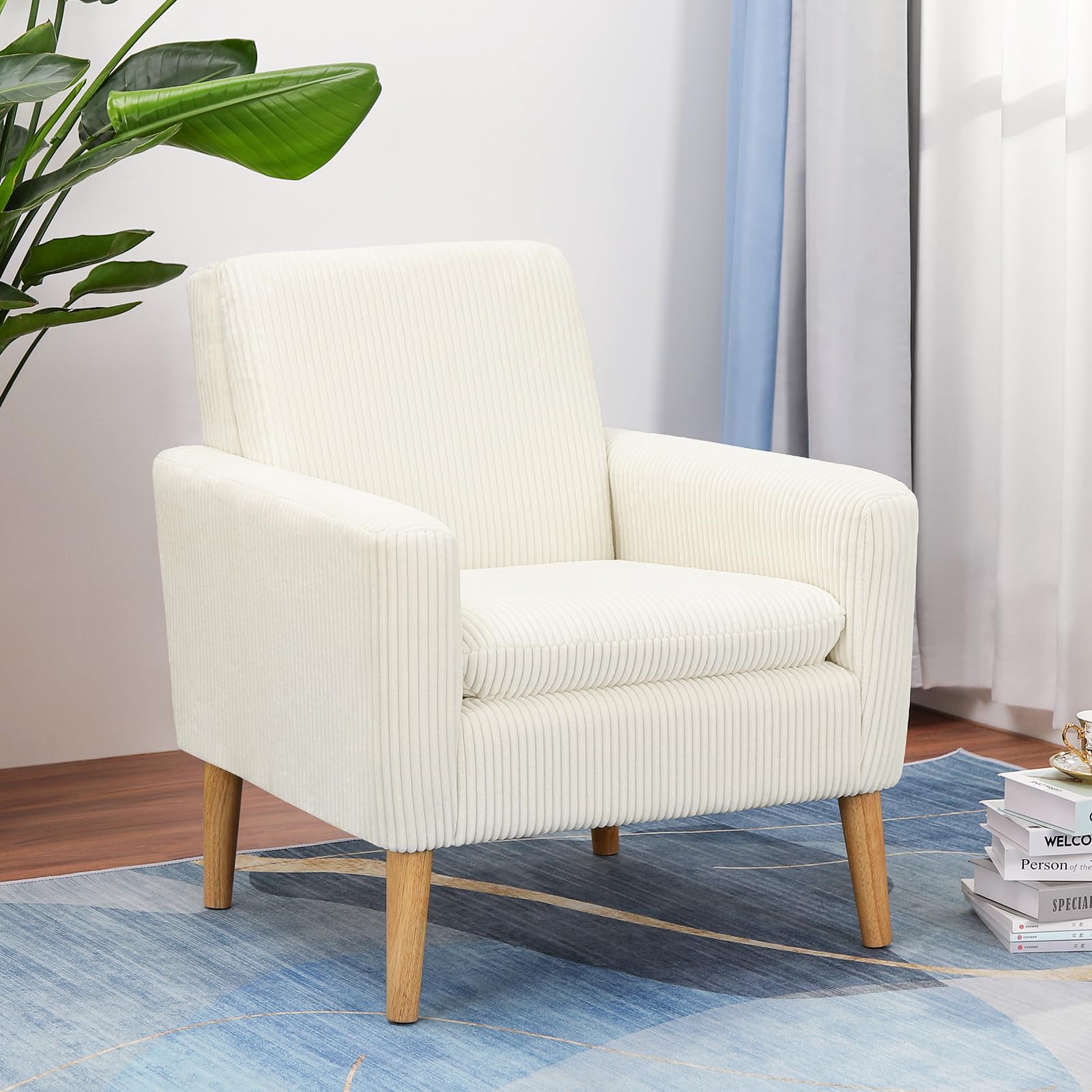 Amazon.com: Lohoms Corduroy Accent Chair White Fabric Upholstered ...