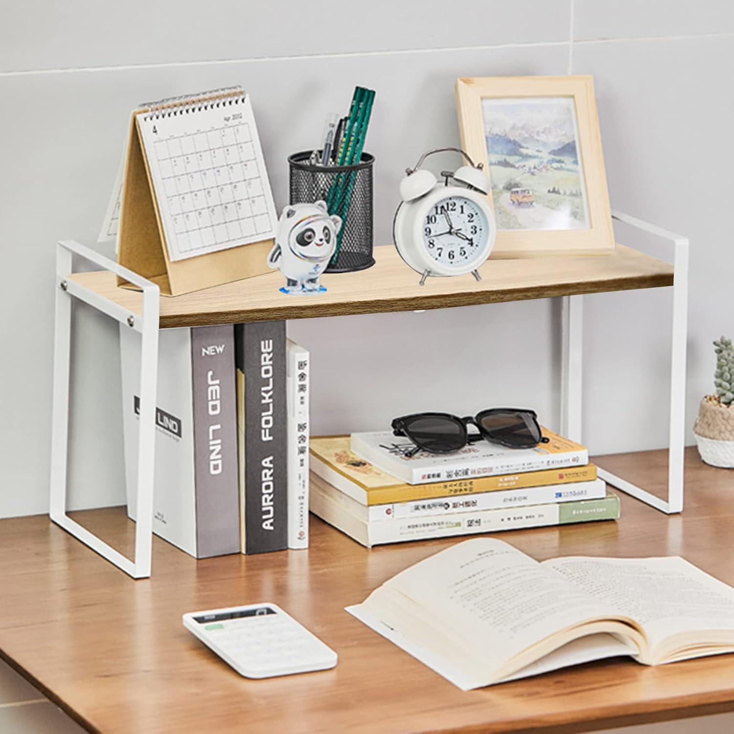 Amazon.com: Desk Shelf Organizer, Wooden Natural Storage Rack 1-Tier ...