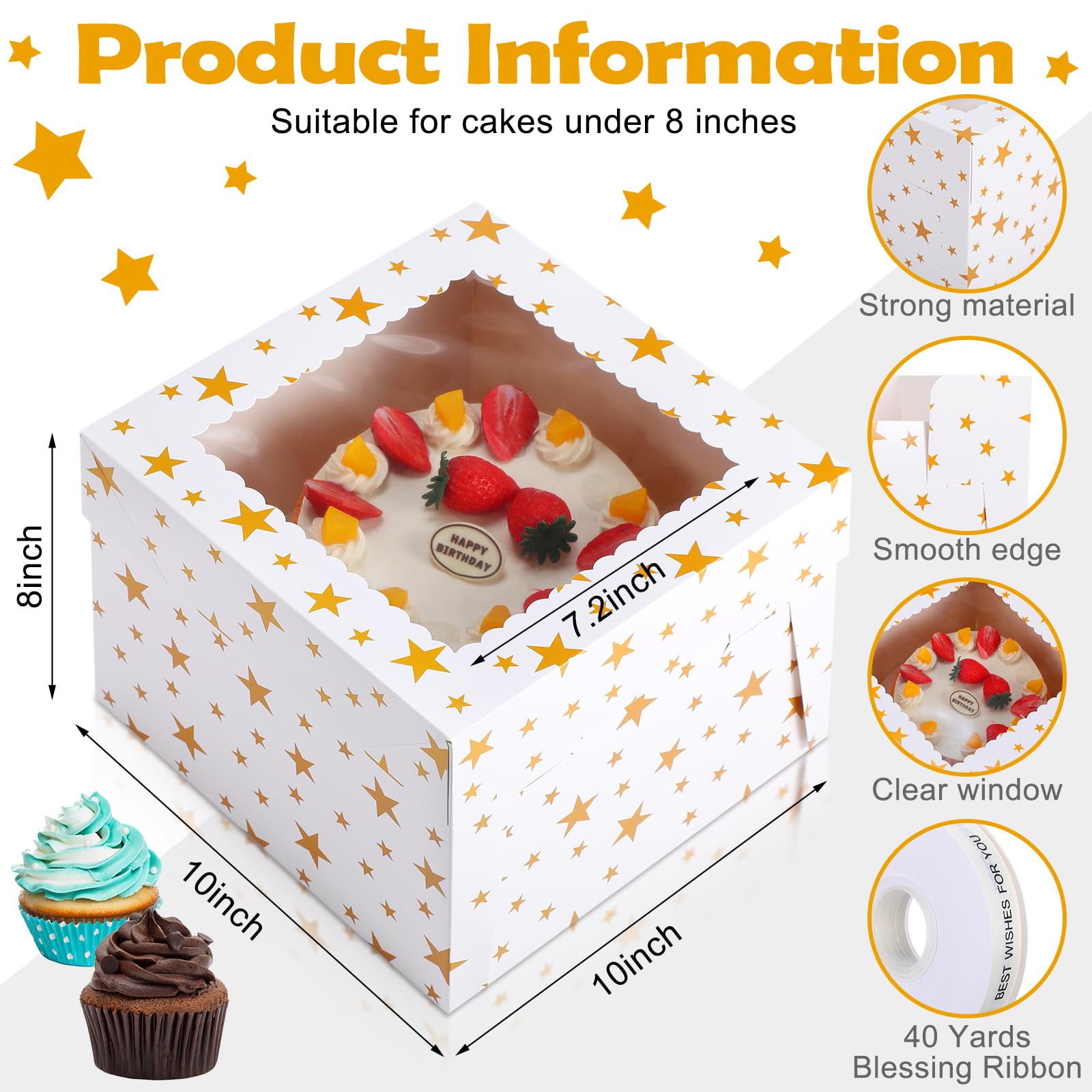 18 Pcs Gold Cake Boxes 10 x 10 x 8 Inches with Window, Tall Cake Box ...