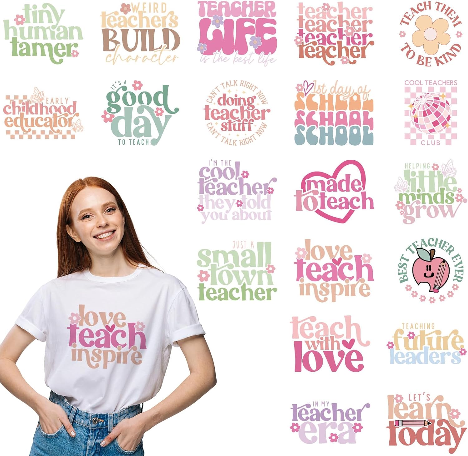 Amazon.com: INCOK Teacher Iron On Transfers - 20 Sheets Groovy Iron on ...