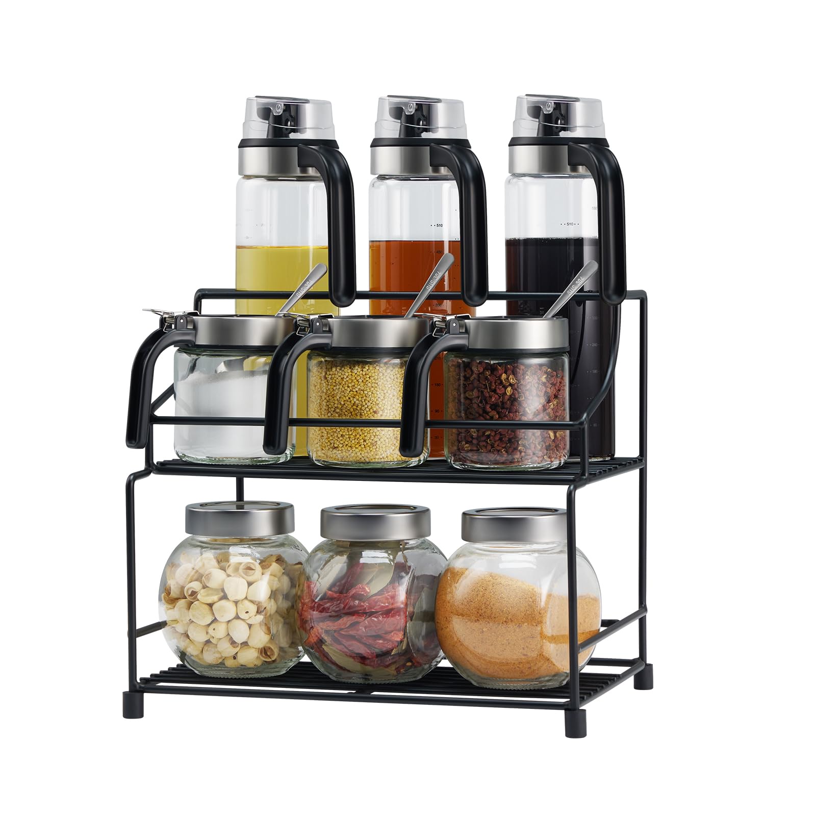 Seasoning Containers Oil Dispensers with Kitchen Countertop Rack Holder ...