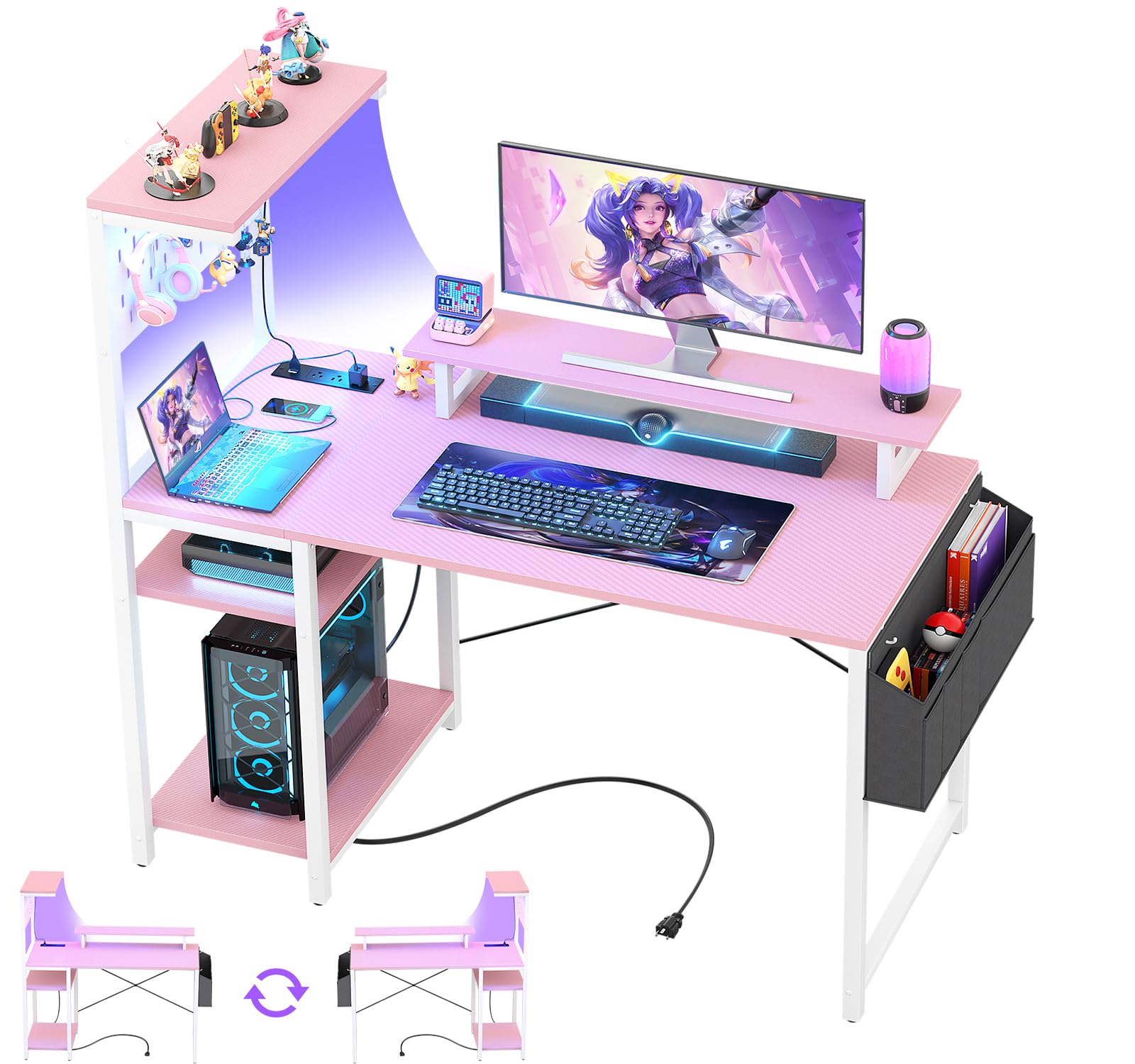 Amazon.com: Homieasy Gaming Desk with Power Outlets & Pegboard & Led ...