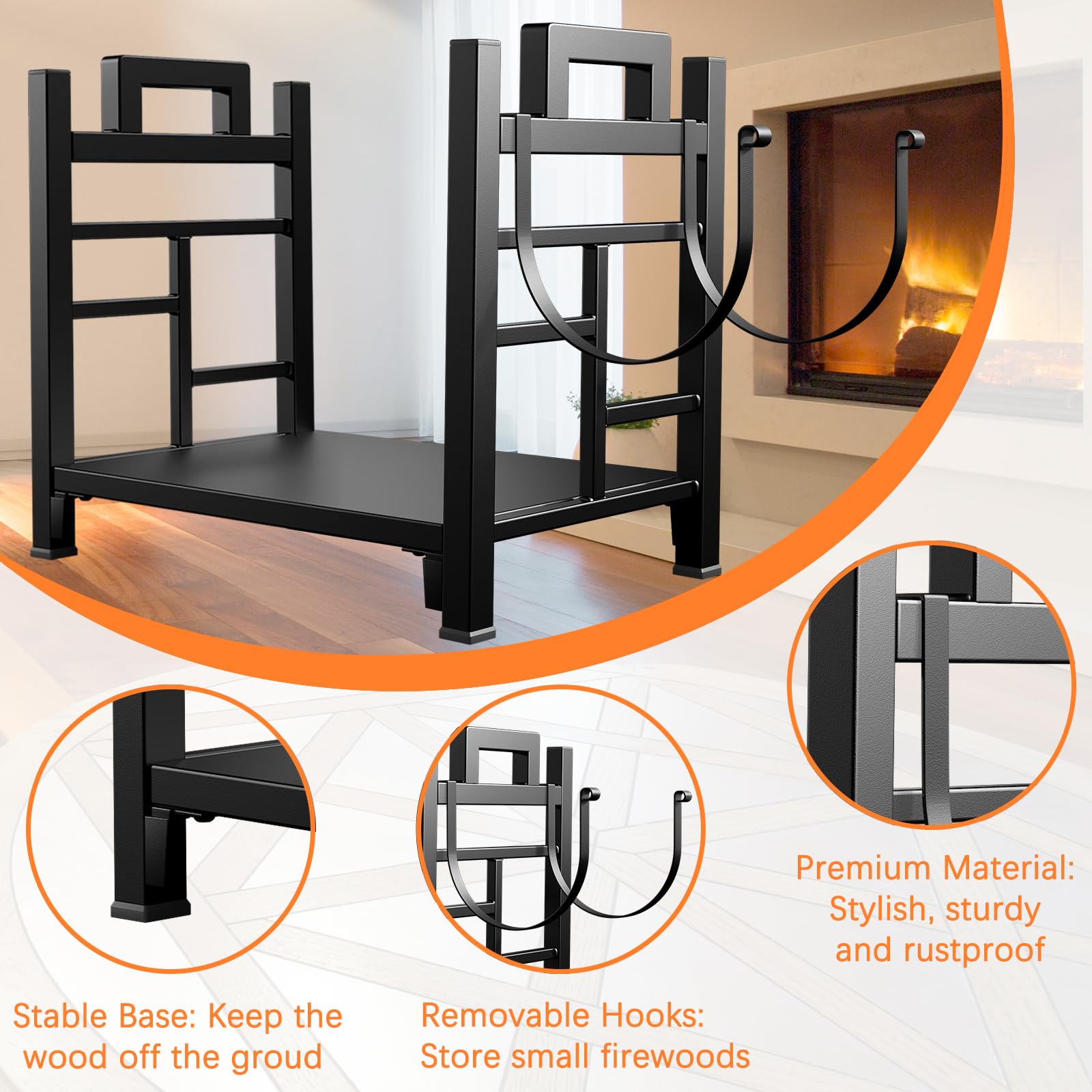 GREENER Firewood Rack Indoor with Kindling Wood Hooks, Metal Log ...