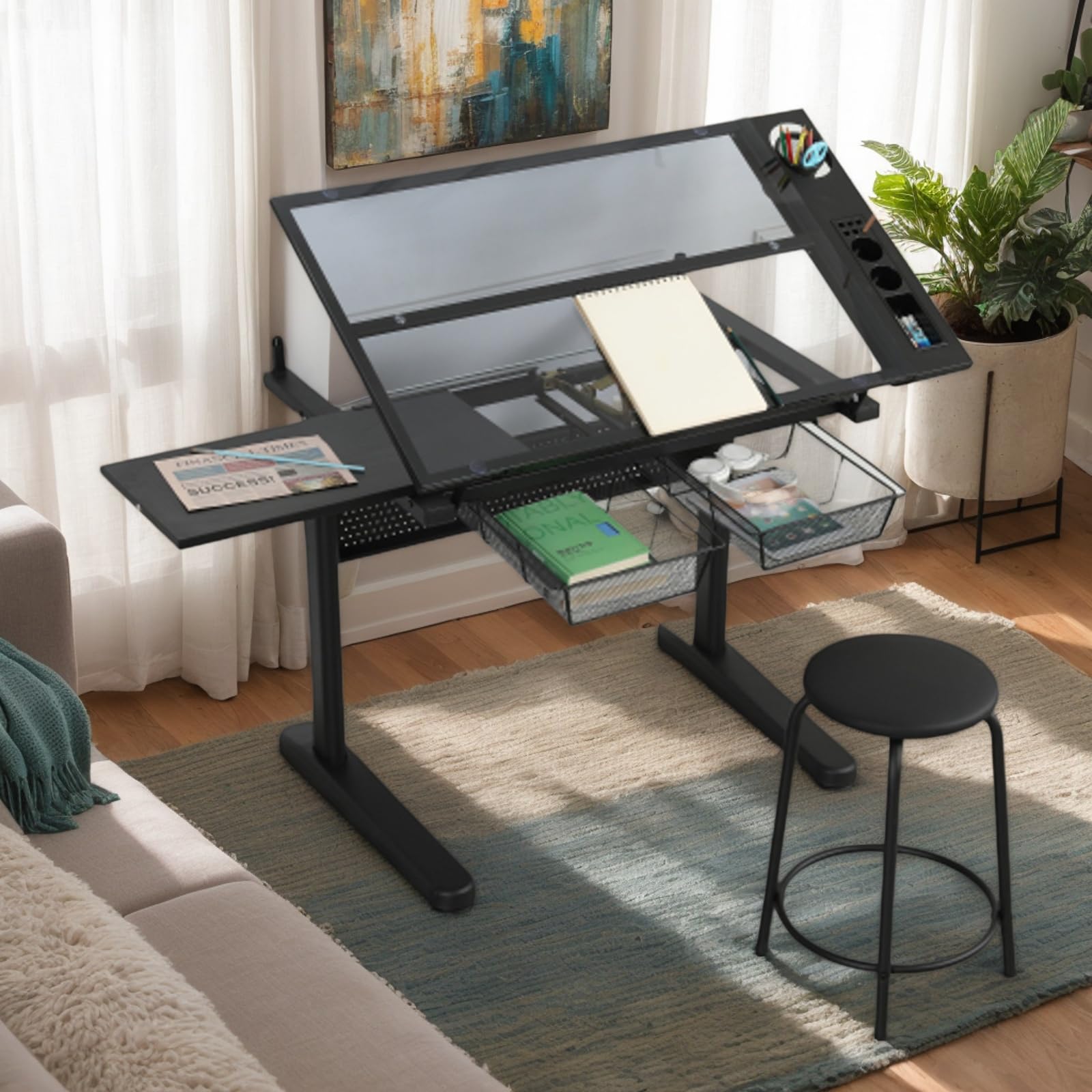 Tilting Glass Desk Yaheetech Adjustable Drafting Table With Stool ...