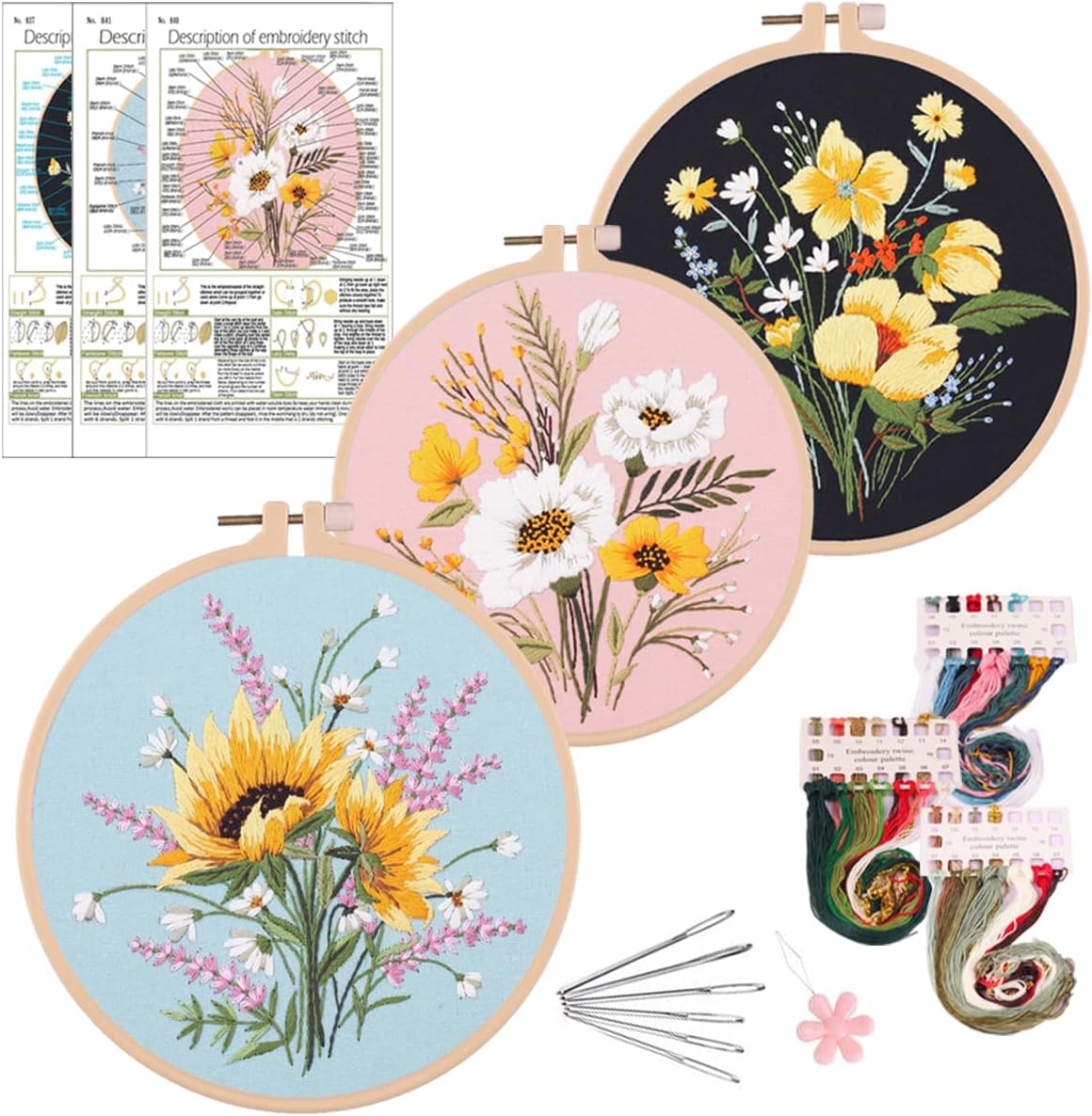 3 Sets Anfänger Stickerei Set, Blumenmuster Kreuzstich-Kit Starter Kit ...