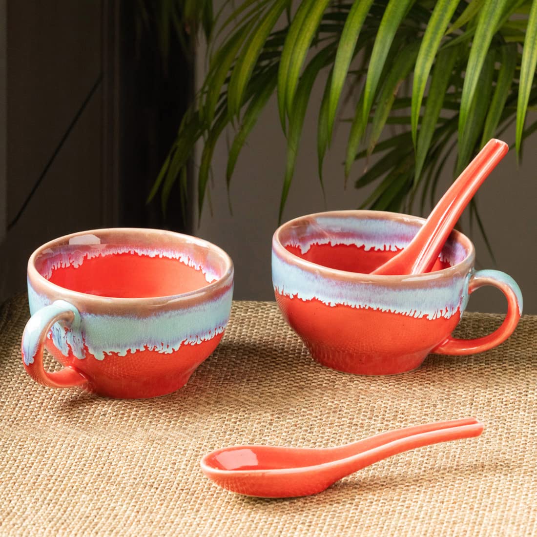 ExclusiveLane Ceramic Handled Soup Bowl with Spoon | 'Coral Reef' Hand ...