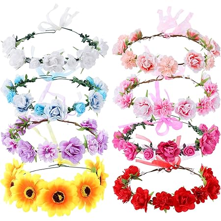 8 Pack Boho Flower Crown Floral Leaf Wreath With Ribbon Halo Headbands ...