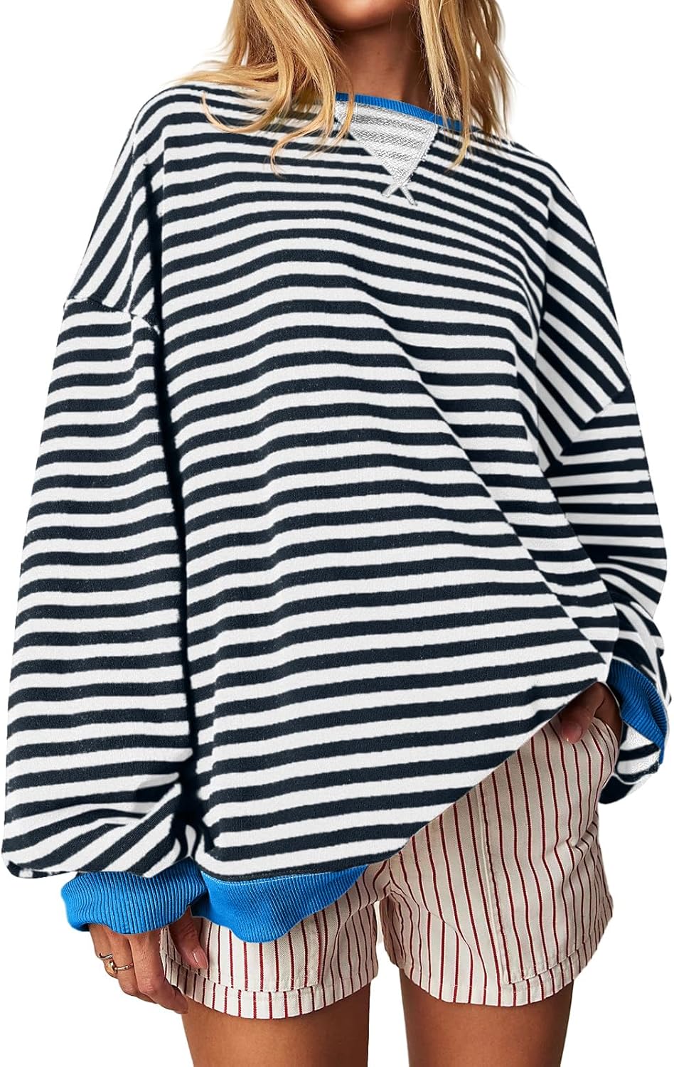 Fisoew Womens Striped Oversized Sweatshirt Color Block Crew Neck Long ...
