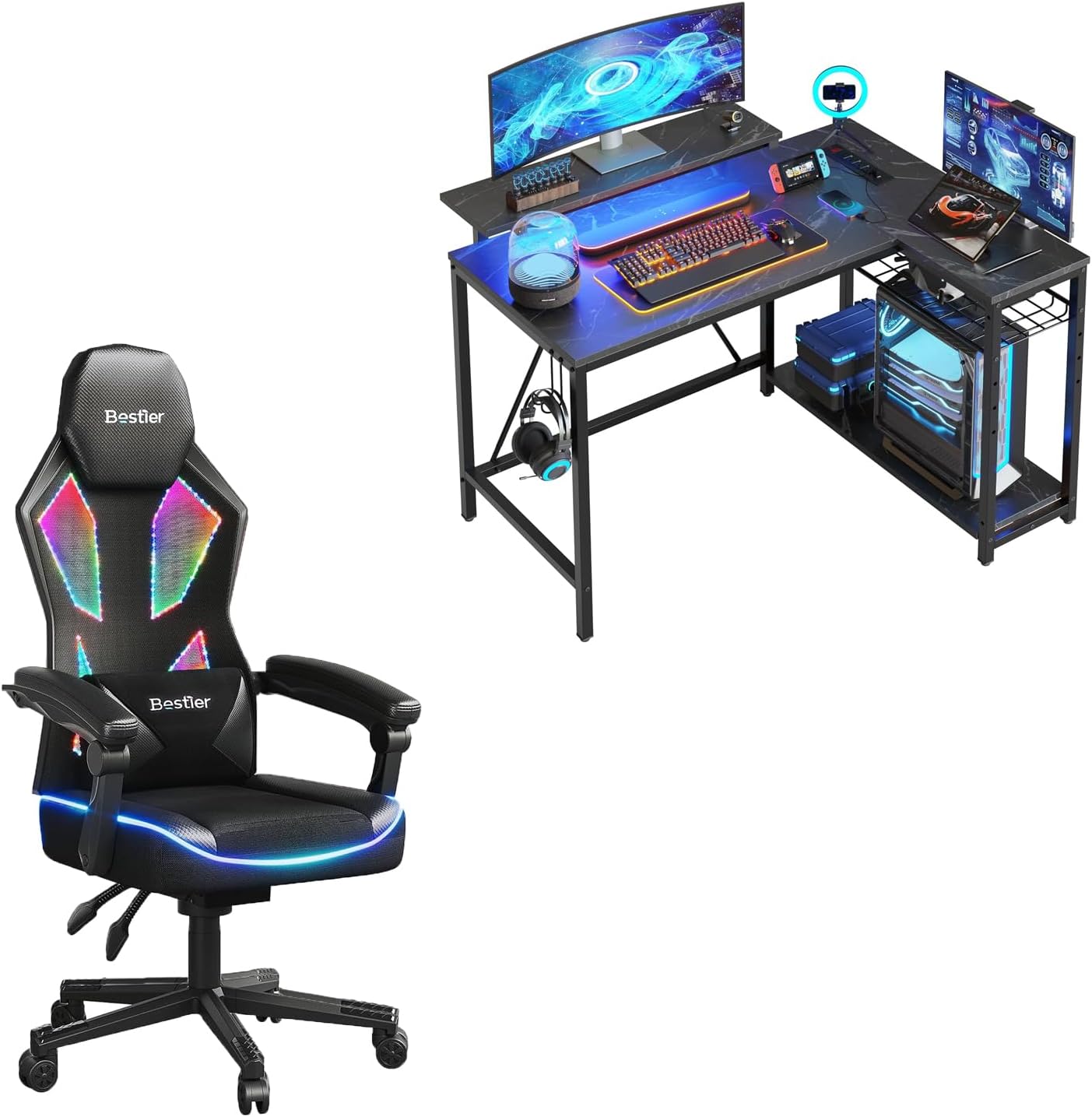 Amazon.com: Bestier Gaming Desk Black Marble and Black Gaming Chair ...