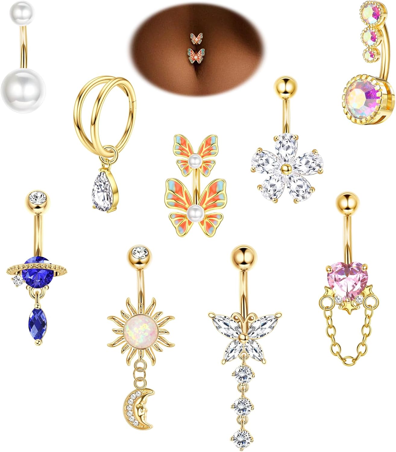 Amazon.com: ZELORES 9Pcs 14G Belly Button Rings for Women Surgical ...