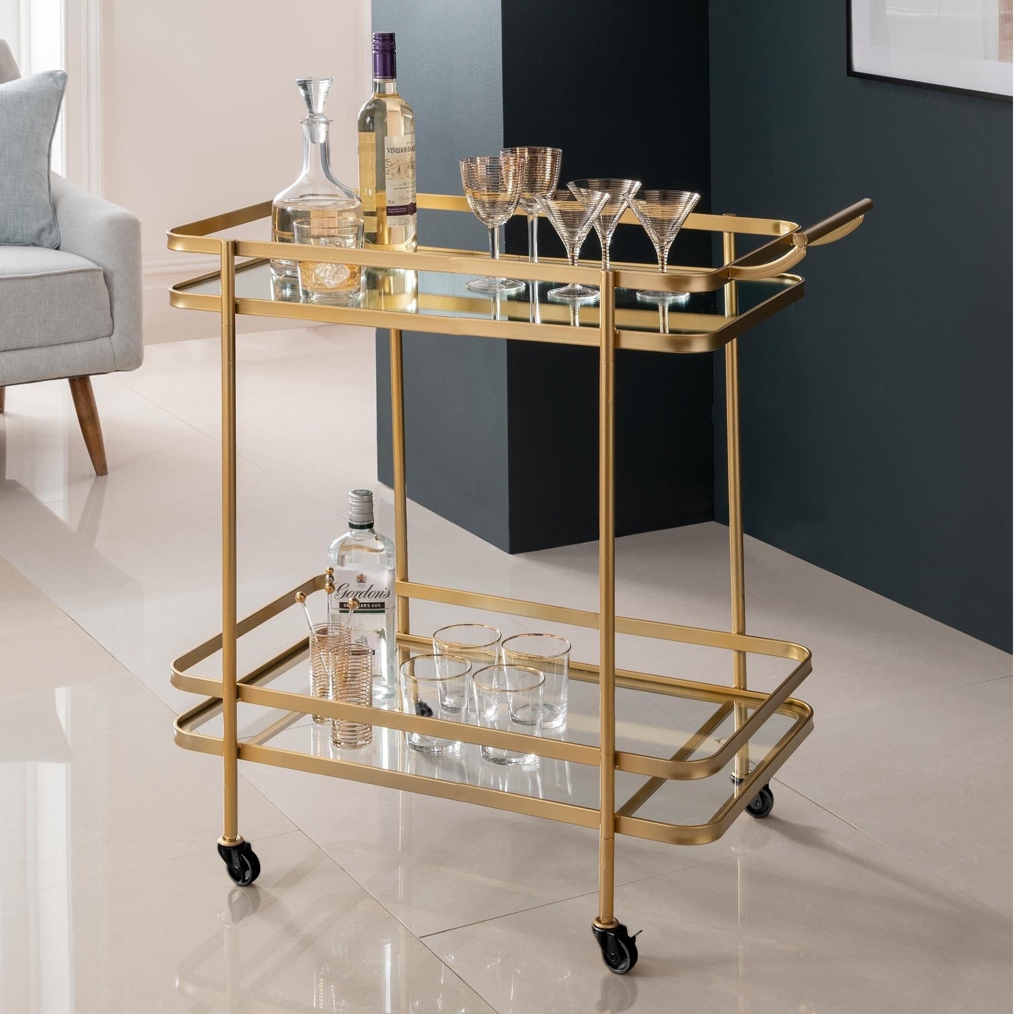 COSTWAY Gold Drinks Trolley, 3 Tier Mobile Bar Cart with Faux Marble ...
