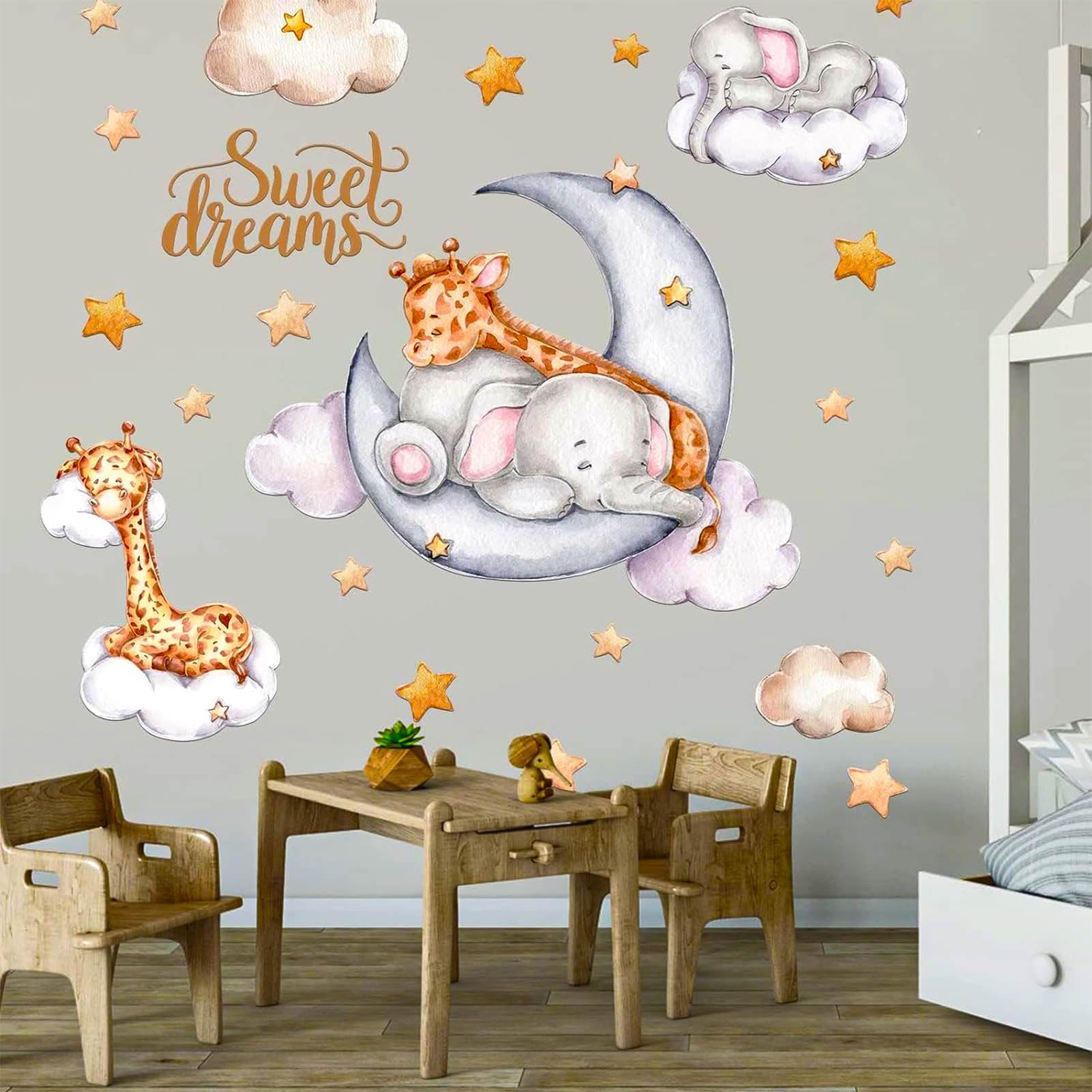 Amazon.com: Cute Elephant and Giraffe Sleeping on the Moon with Stars ...