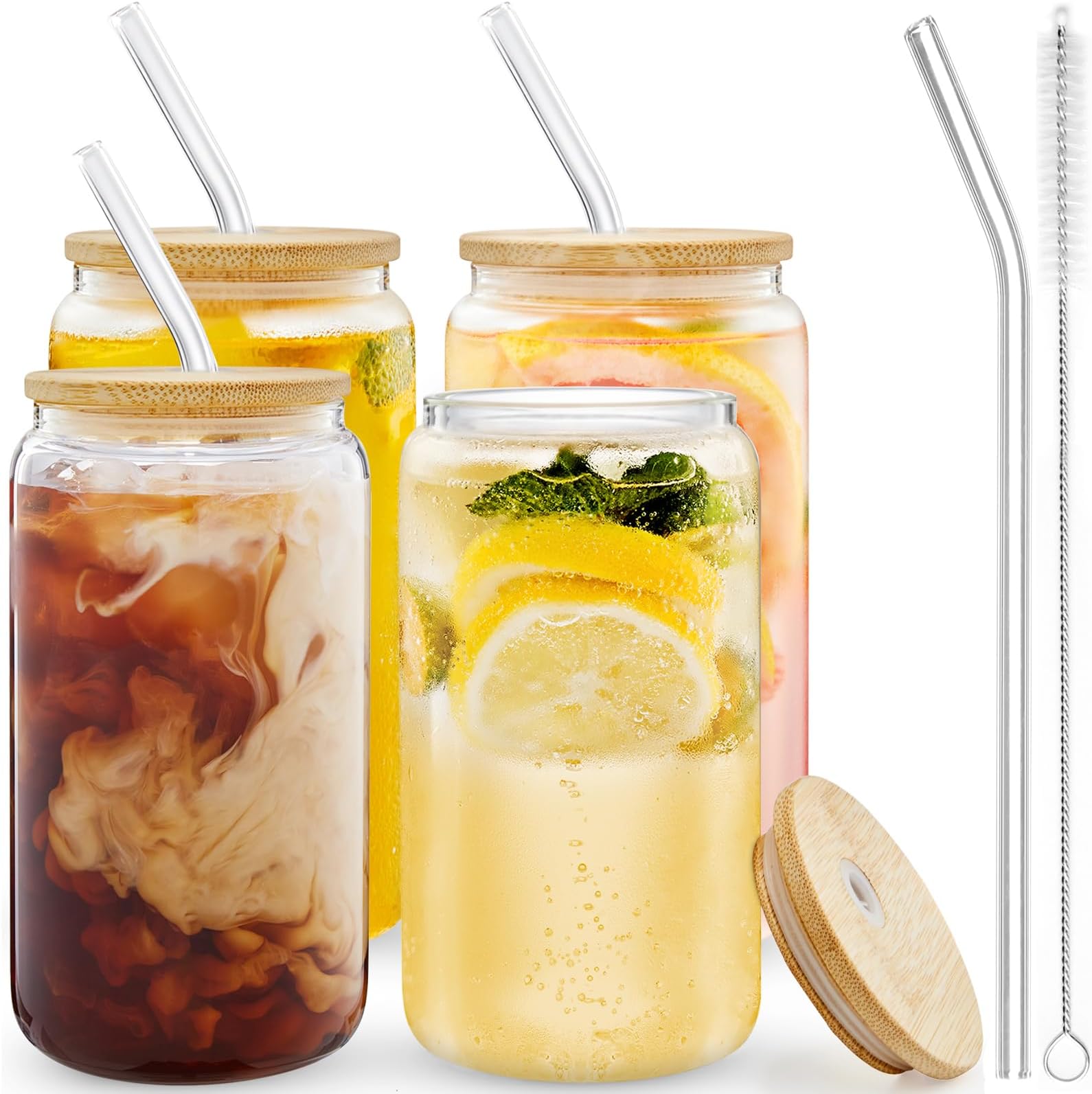 Amazon.com | Naeety Glass Cups with Bamboo Lids and Glass Straw ...