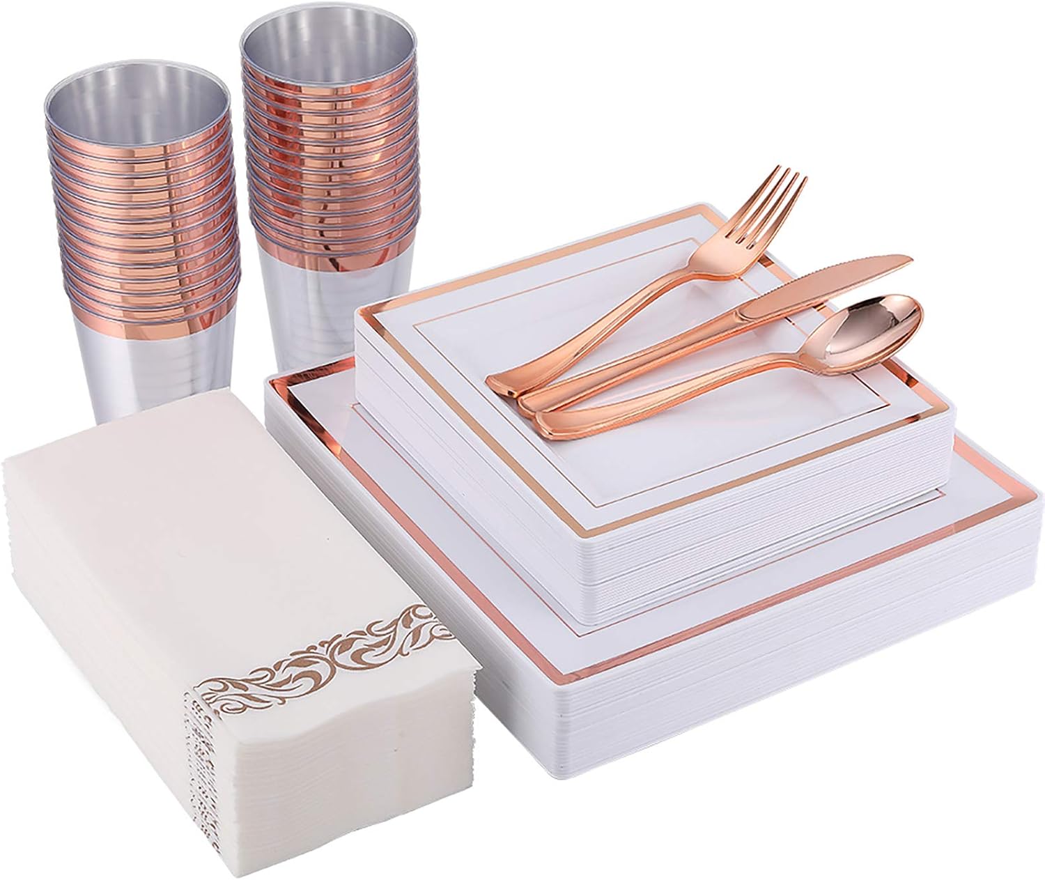 Amazon.com: 175 Piece Rose Gold Dinnerware Set 25 Guest-50 Square ...