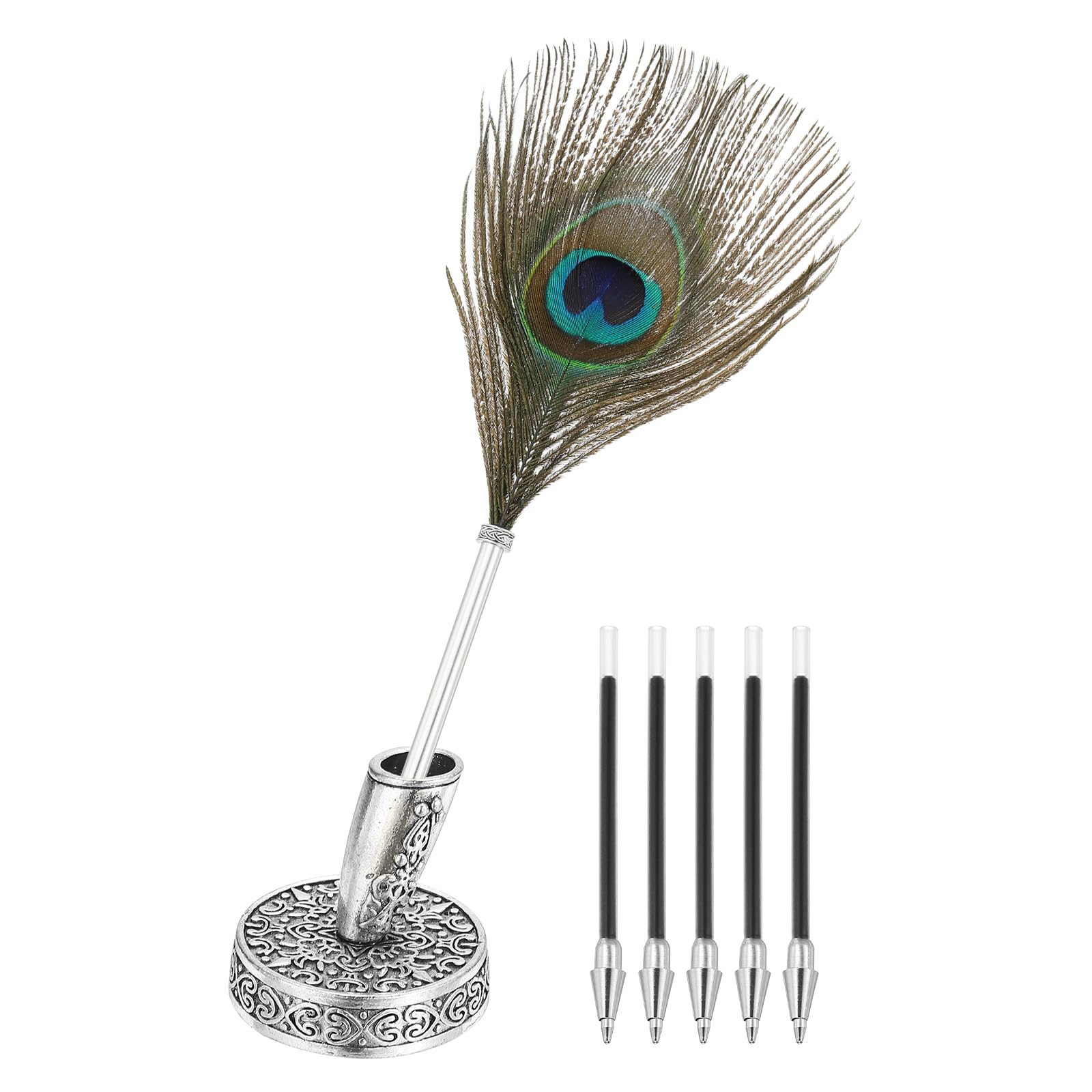 PATIKIL Peacock Feather Ballpoint Pens Bulk, Metal Holder Black Ink ...