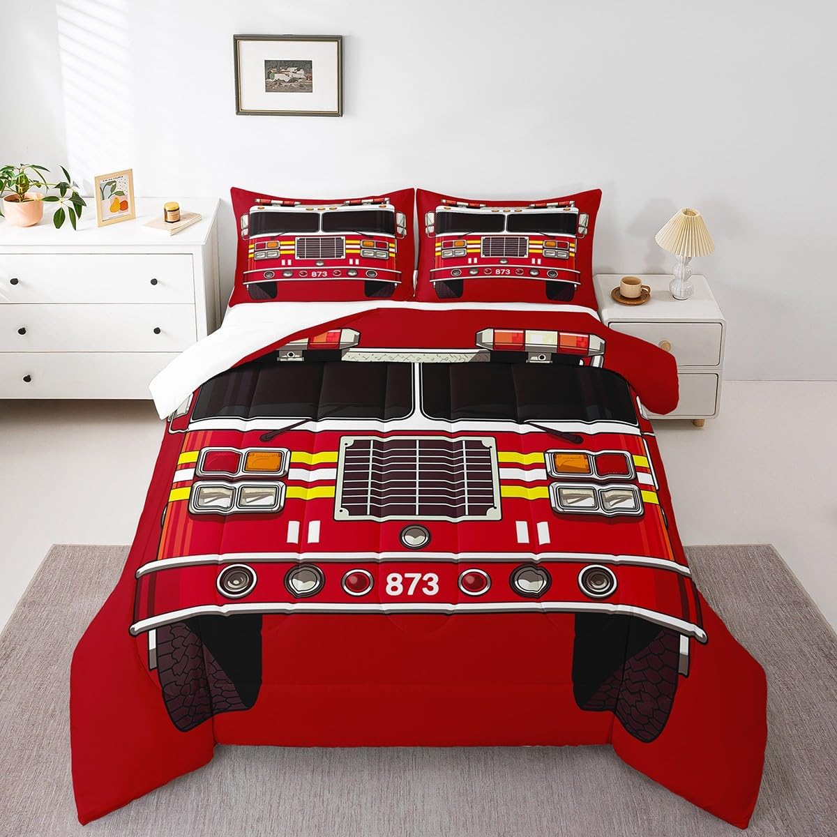 Amazon.com: Manfei Fire Truck Comforter Set Twin Size, Red Fire Engine ...