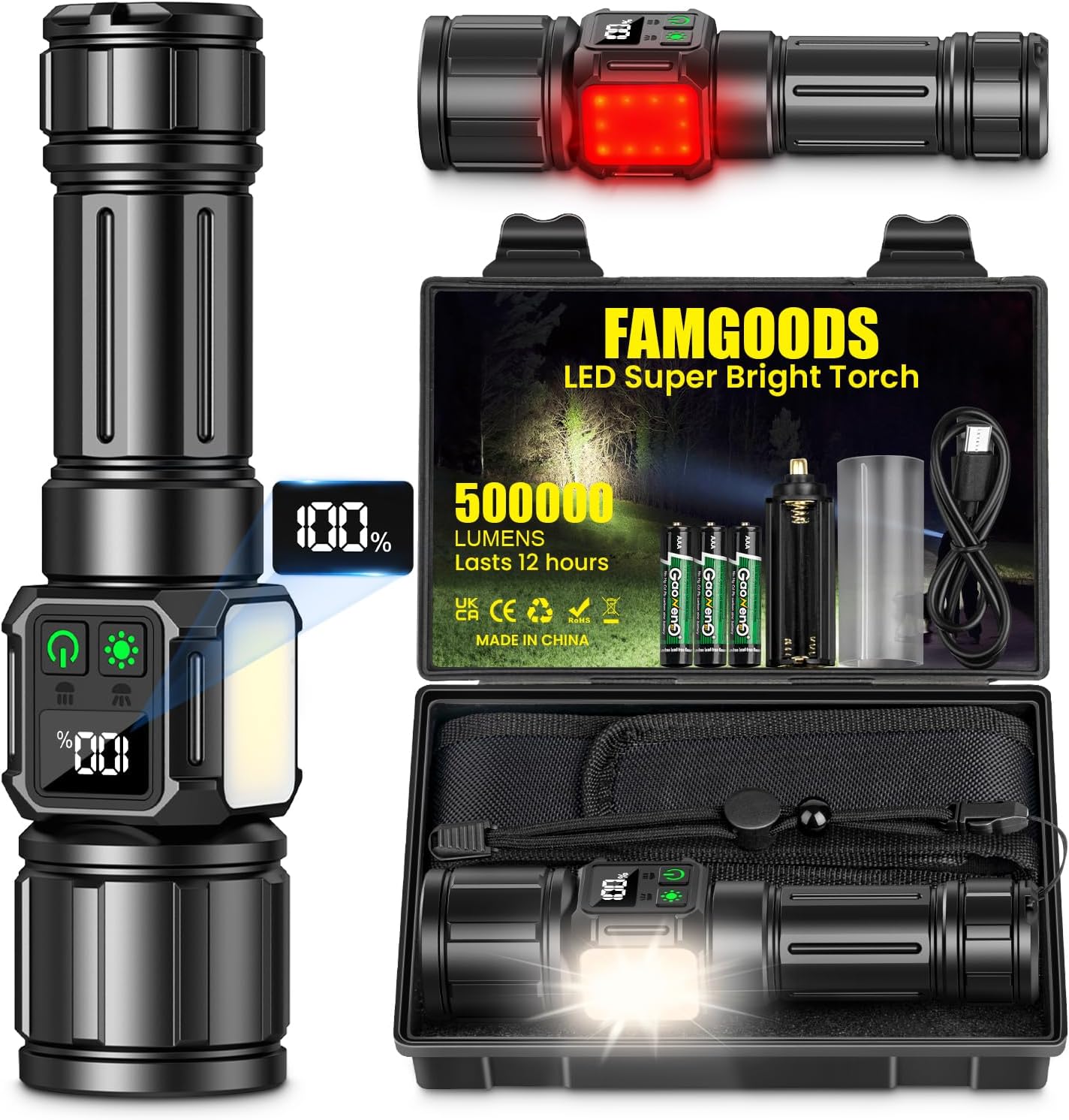 Famgoods Rechargeable Torch, 500000 Lumens Super Bright Torches Led ...
