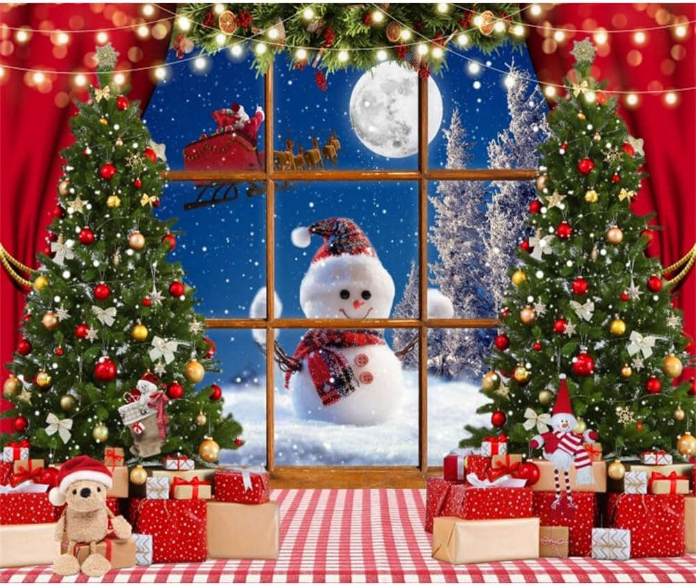 Amazon.com : Laeacco Christmas Window Photography Backdrop 10x8FT Snowy ...