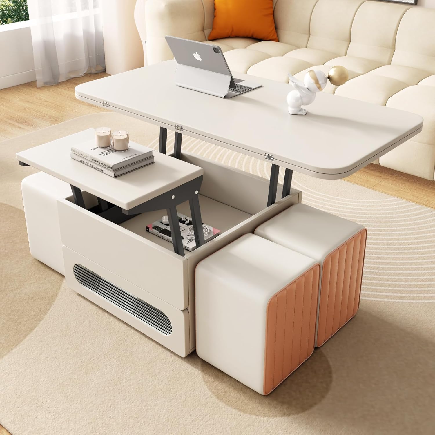 Amazon.com: Guyii Lift-Top Coffee Table Set with 4 PU Stools, 3 in 1 ...