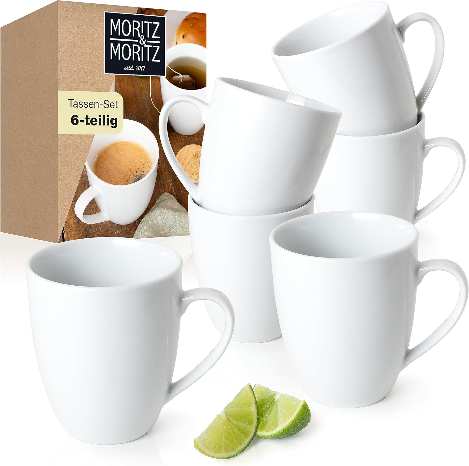 Amazon.com | Coffee Cups Set of 6 | 350 ml White Porcelain Mugs with ...