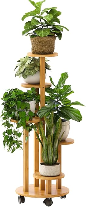 Bamboo Corner Plant Stand with Wheels, 5 Tiered for Indoor Plants ...