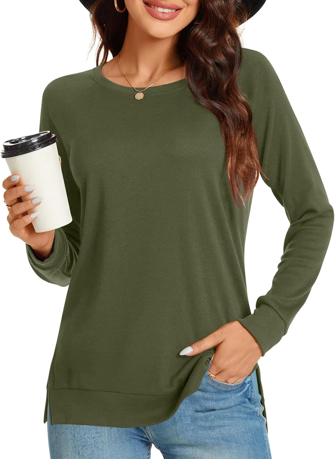 TAOHUADAO Women's Long Sleeve T-Shirt Side Split Tunic Tops for ...