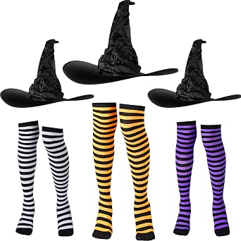 Amazon.com: 3 Pcs Halloween Witch Hats and 3 Pairs Knee High Thigh ...