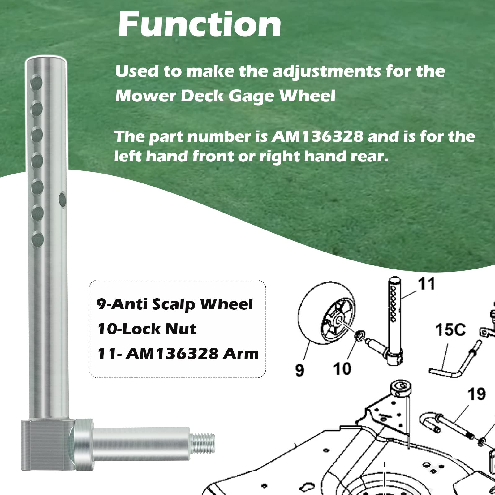 Snapklik.com : AM136328 Mower Deck Gage Wheel Arm 3/4” Dia. LH Front Or ...
