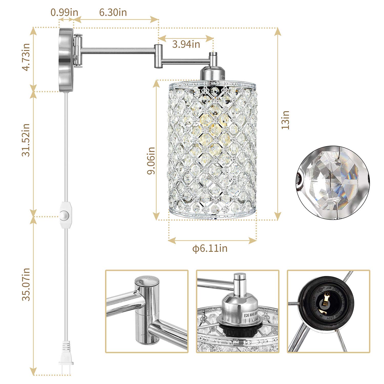 Crystal Swing Arm Light Swing Arm Wall Lights | Lights4Living