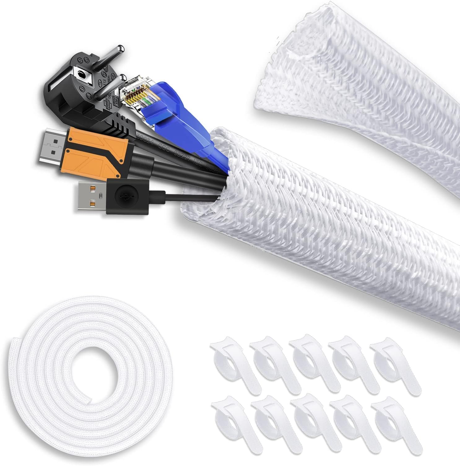 3m Cable Tidy Sleeve, Braided Cable Management with 10Pcs Cable Ties ...