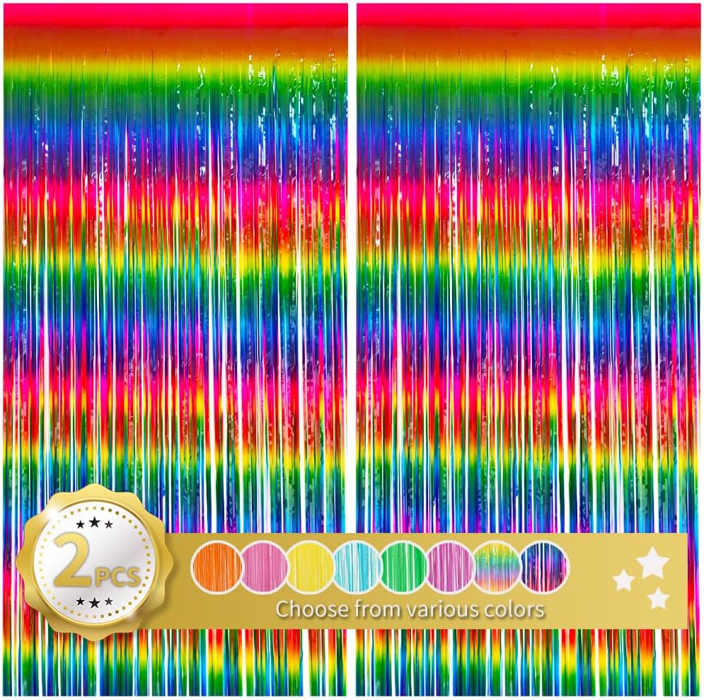 Amazon.com : Rainbow Foil Curtain Party Decorations, Colorful Fringe ...