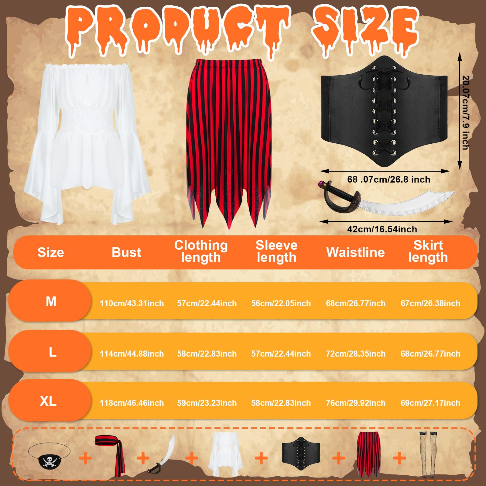 Toulite 7 Pcs Women Pirate Costume Halloween Renaissance outfit Bandana ...